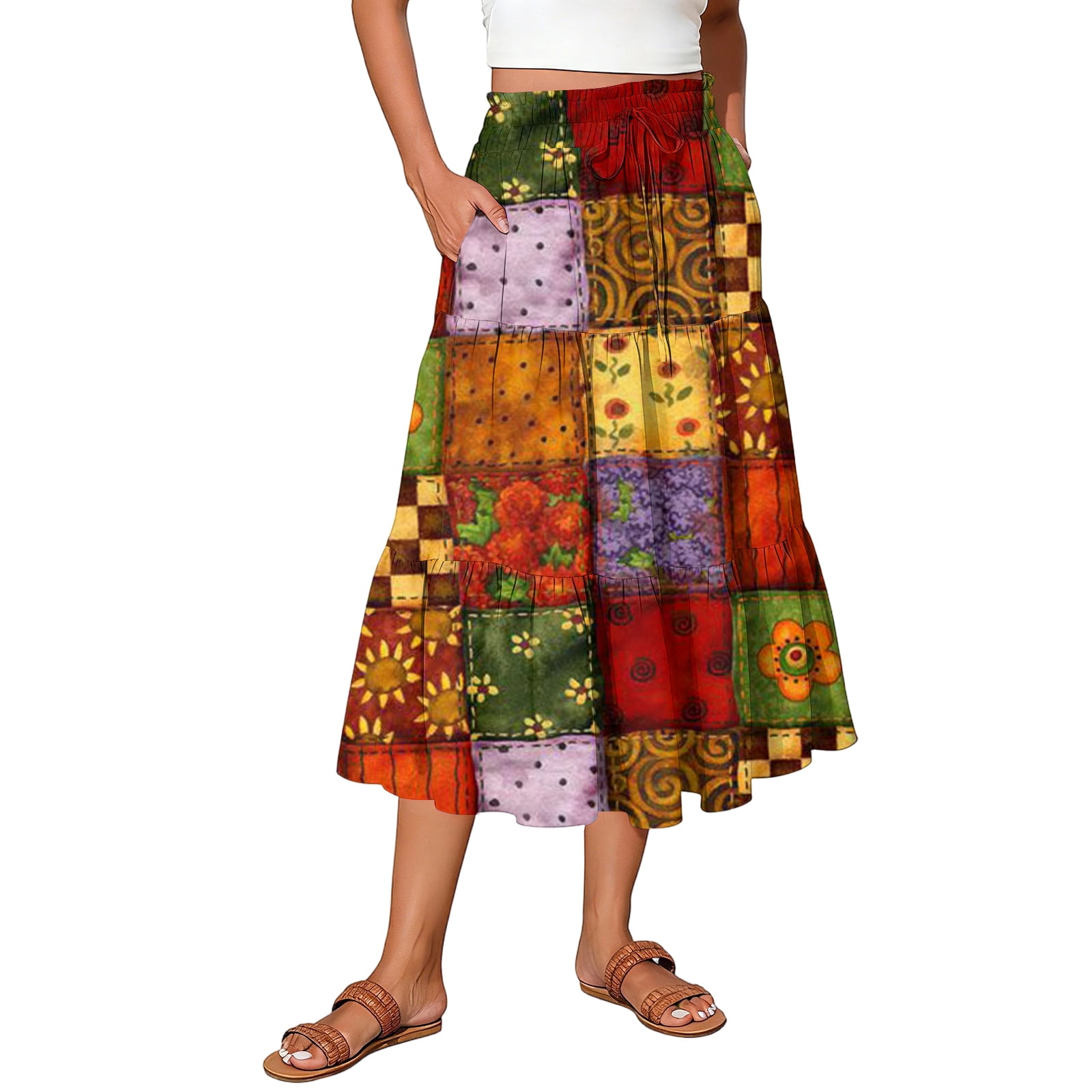 Cozyvia Women's Plaid Patchwork Skirt Full Length Checkered Boho Maxi ...