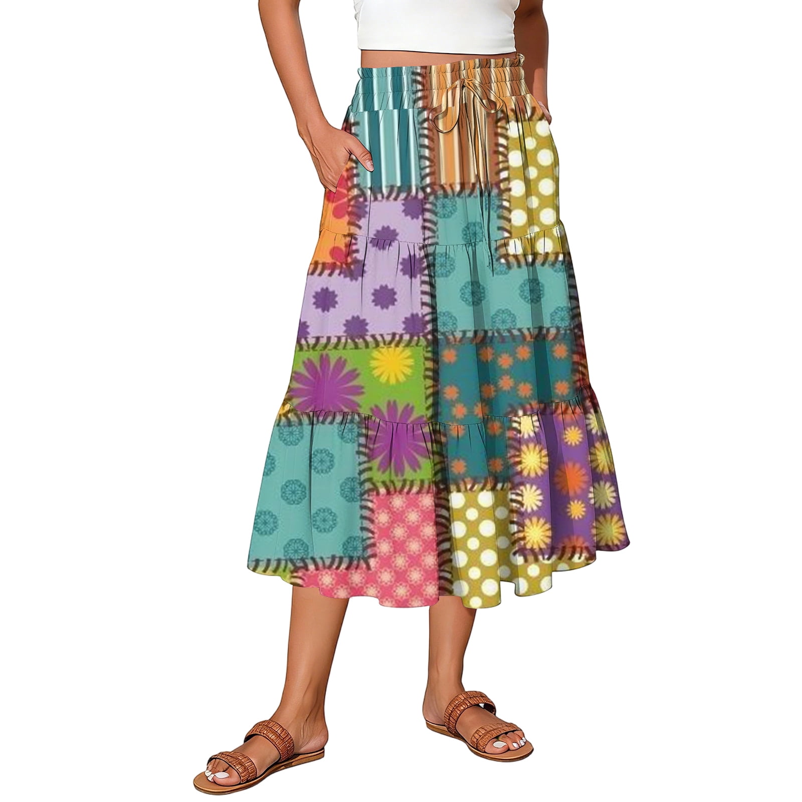 Cozyvia Women's Plaid Patchwork Skirt Full Length Checkered Boho Maxi ...