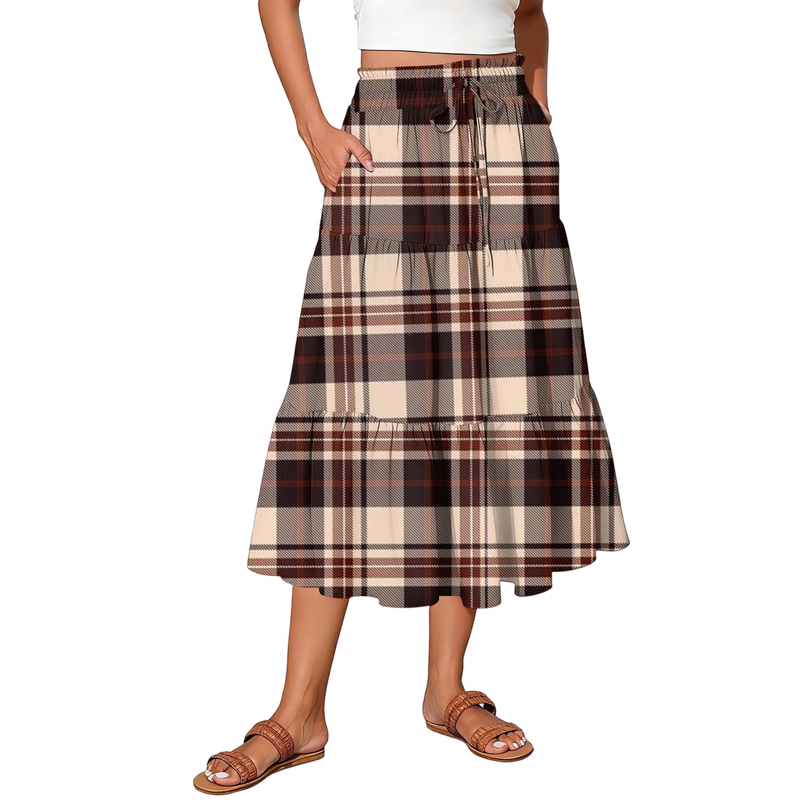 Cozyvia Women's Plaid Skirt Full Length Checkered Boho Maxi Skirts ...