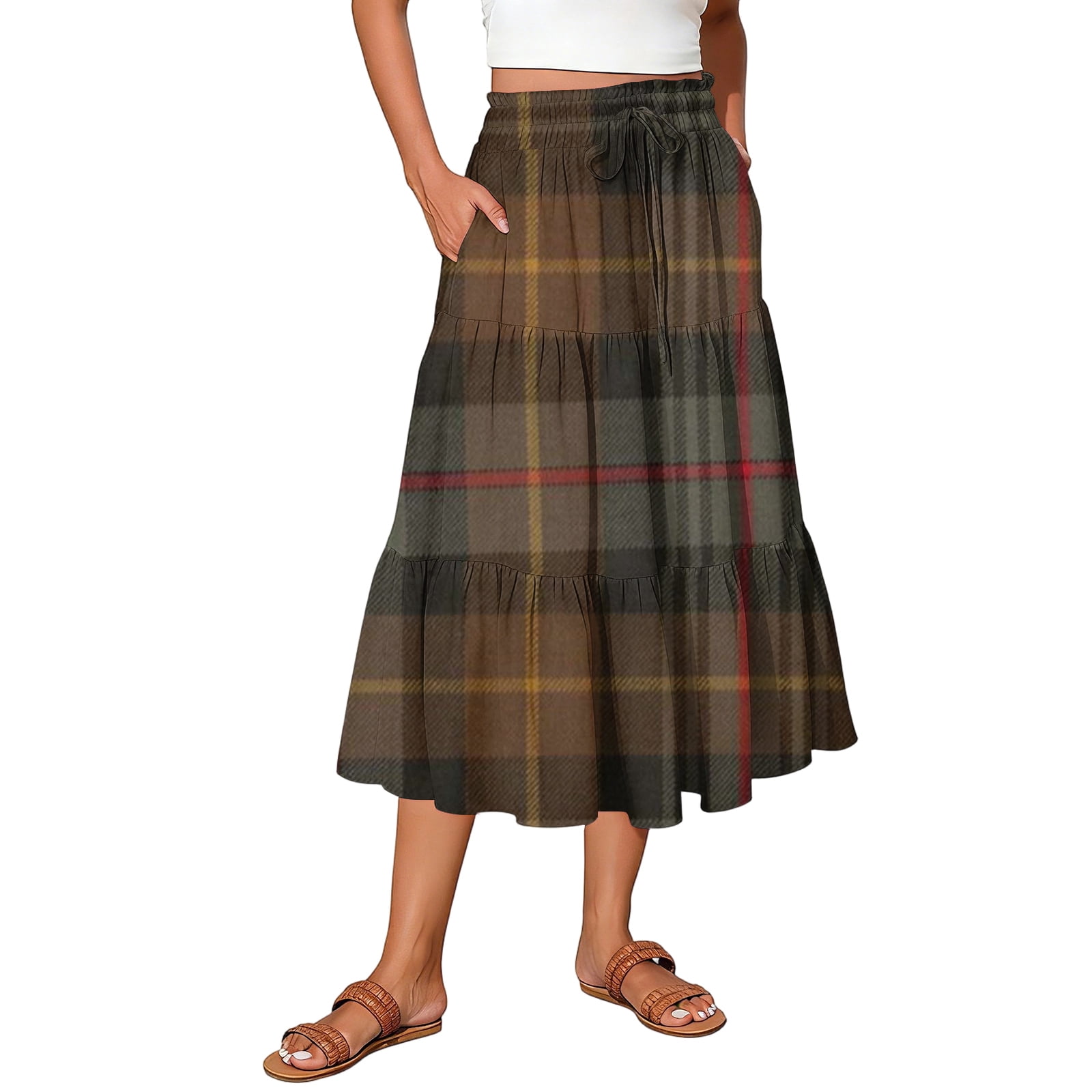 Cozyvia Women's Plaid Skirt Full Length Checkered Boho Maxi Skirts ...
