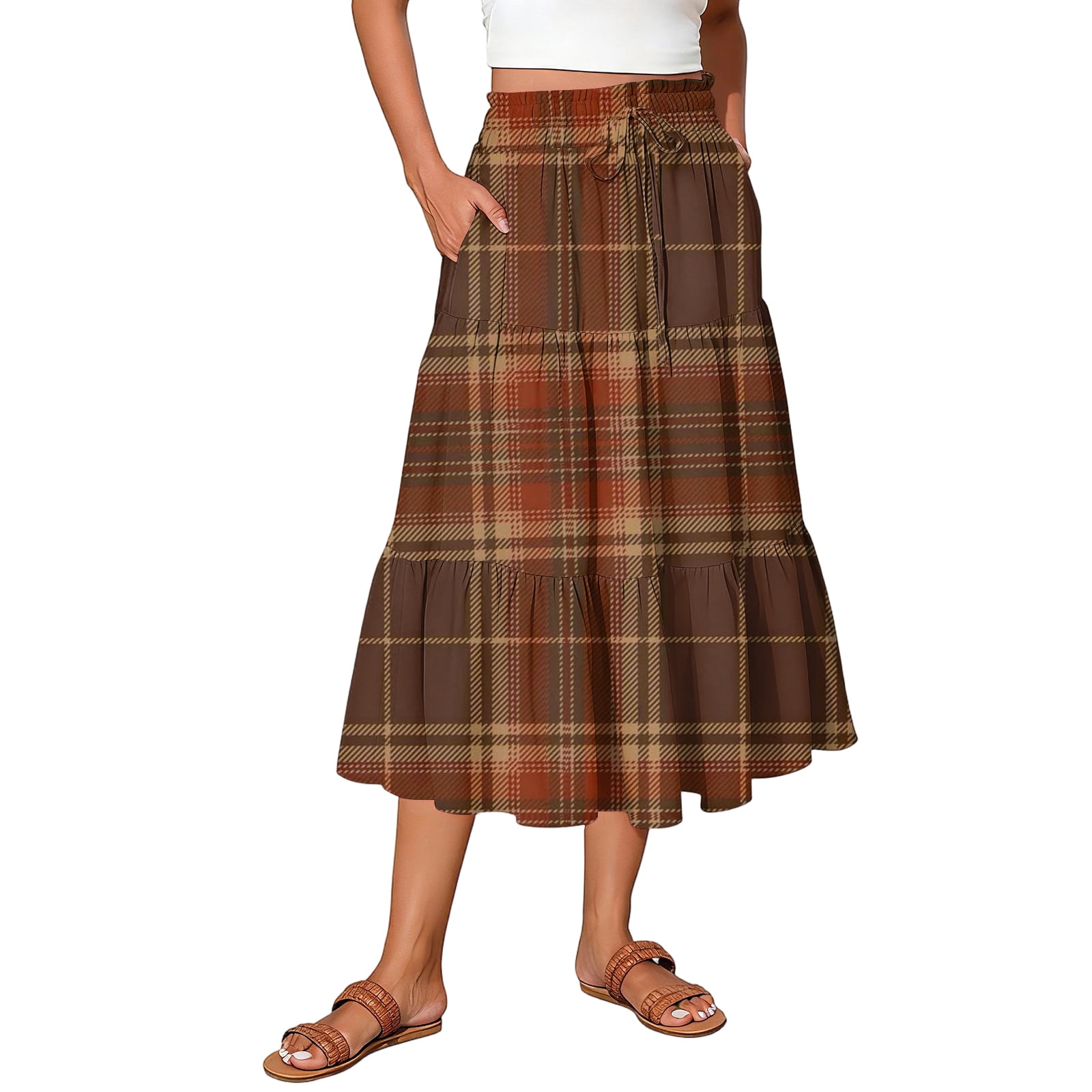 Cozyvia Women's Plaid Skirt Full Length Checkered Boho Maxi Skirts ...