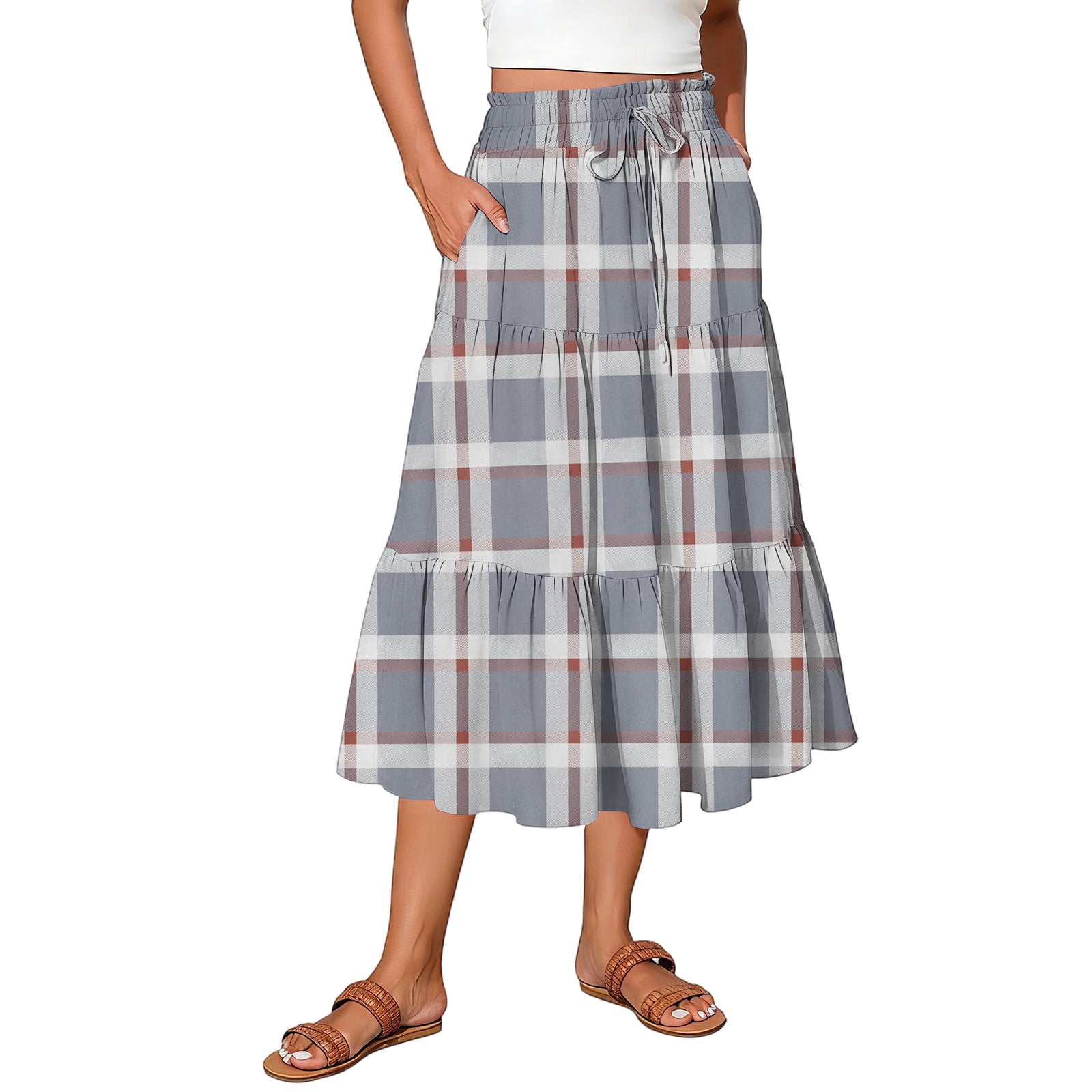 Cozyvia Women's Plaid Skirt Full Length Checkered Boho Maxi Skirts ...