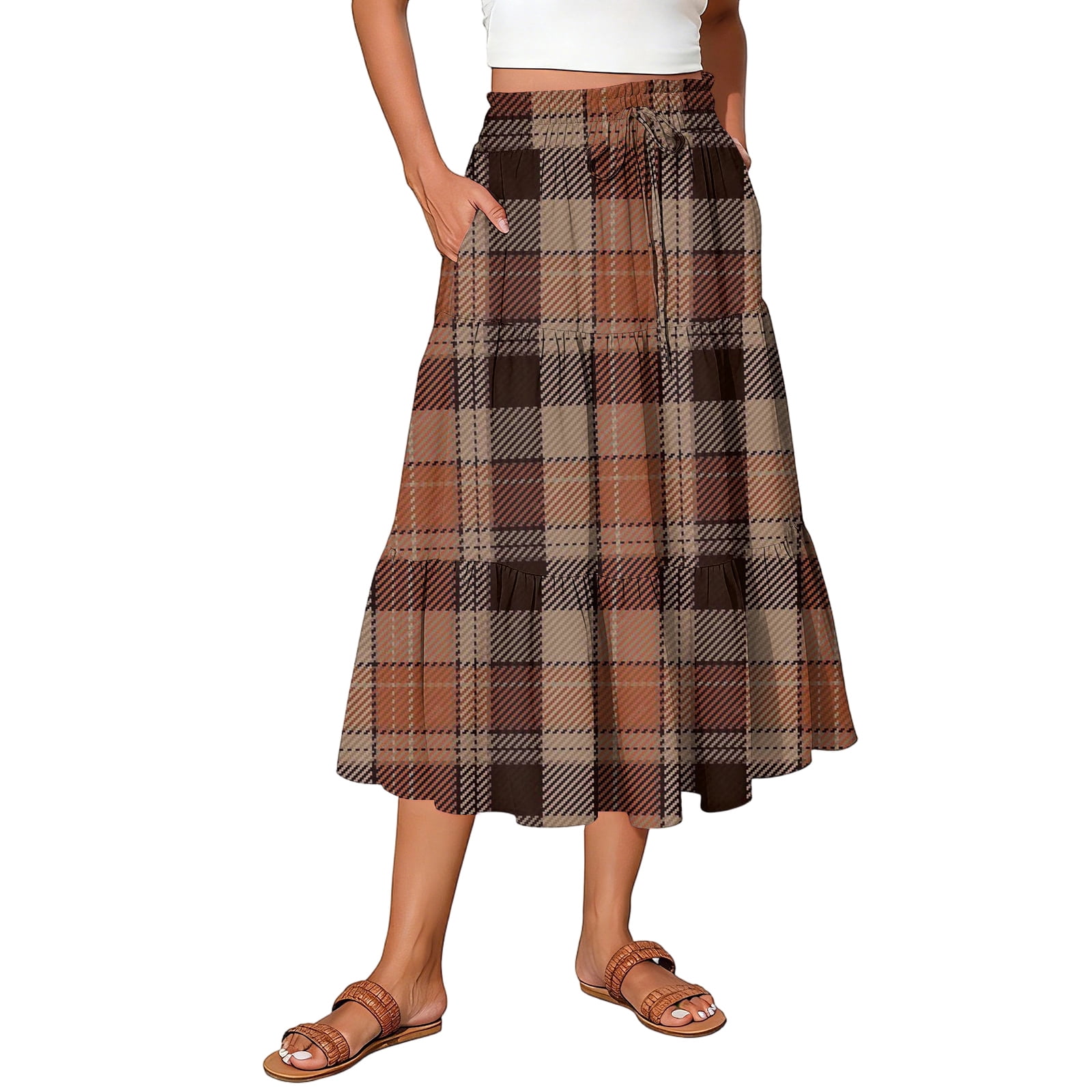 Cozyvia Women's Plaid Skirt Full Length Checkered Boho Maxi Skirts ...