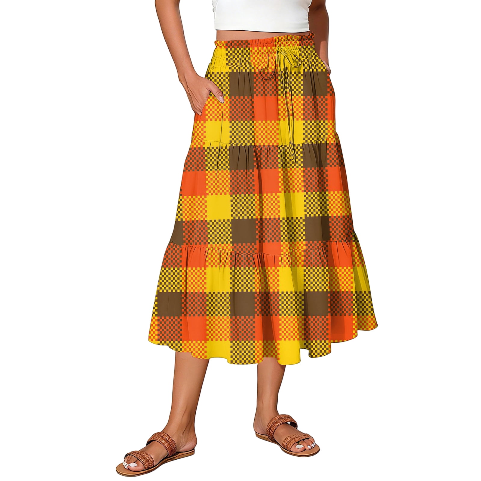 Cozyvia Women's Plaid Skirt Full Length Checkered Boho Maxi Skirts ...