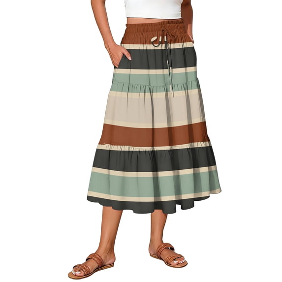 Cozyvia Women's Striped Skirt Full Length Checkered Boho Maxi Skirts ...