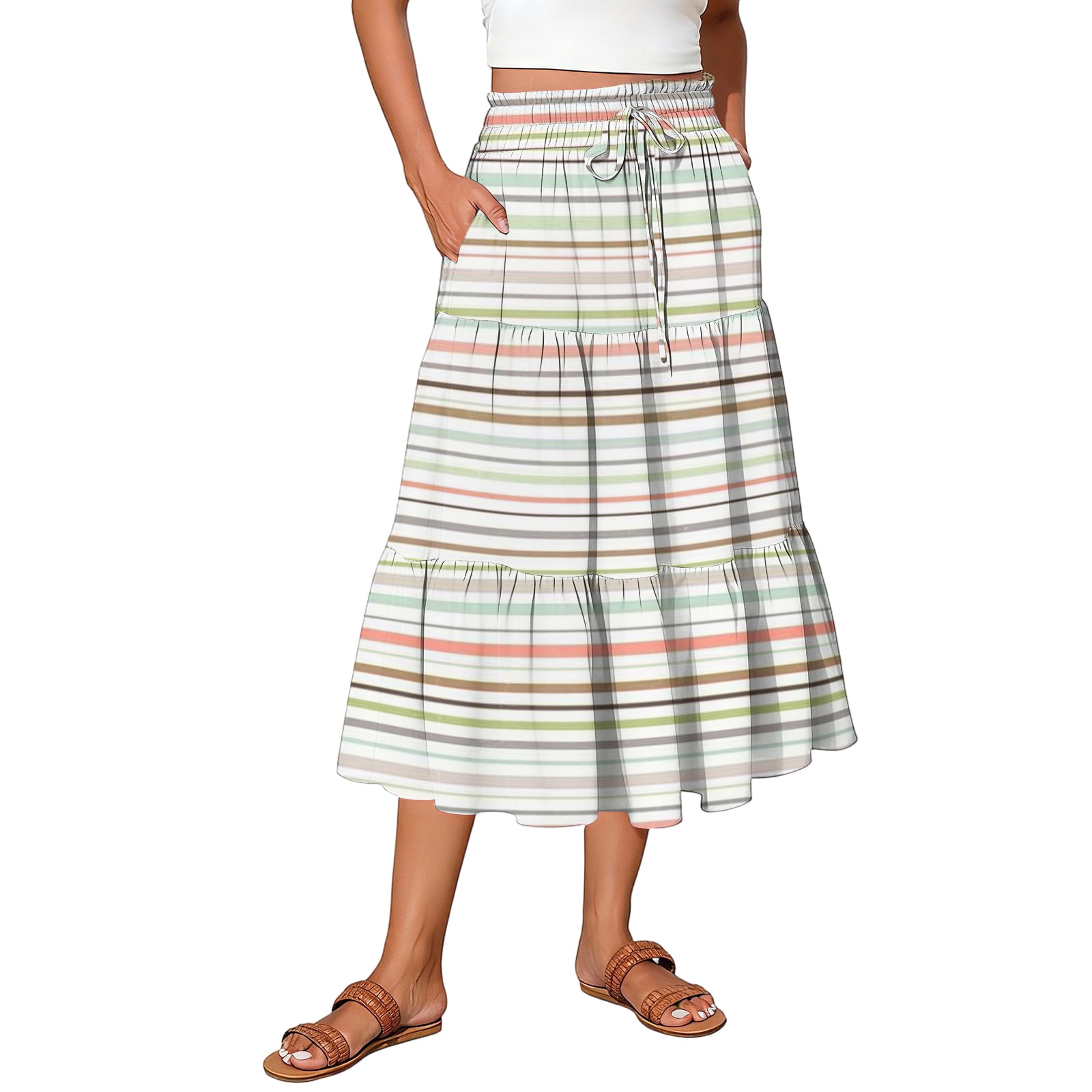 Cozyvia Women's Striped Skirt Full Length Checkered Boho Maxi Skirts ...