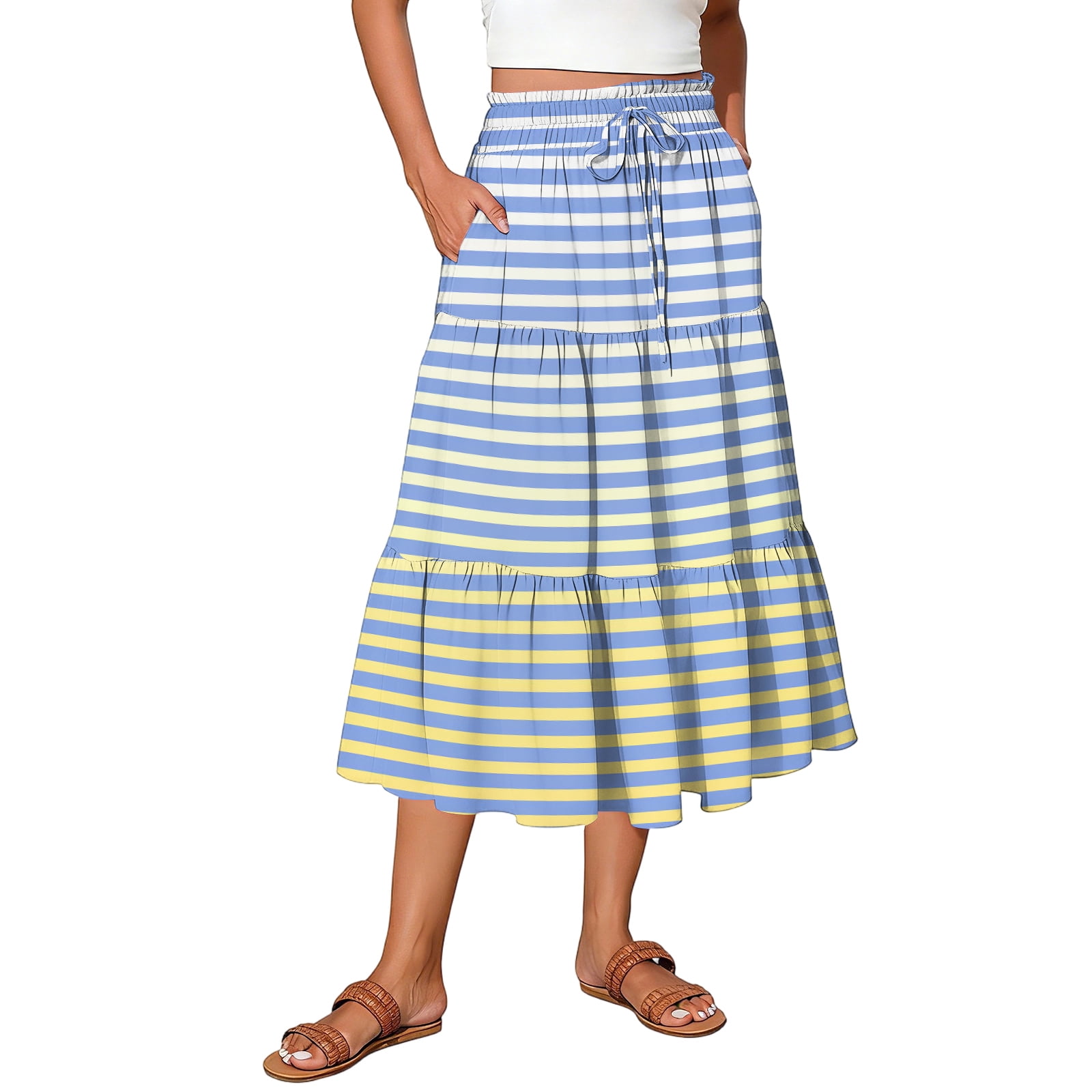 Cozyvia Women's Striped Skirt Full Length Checkered Boho Maxi Skirts ...