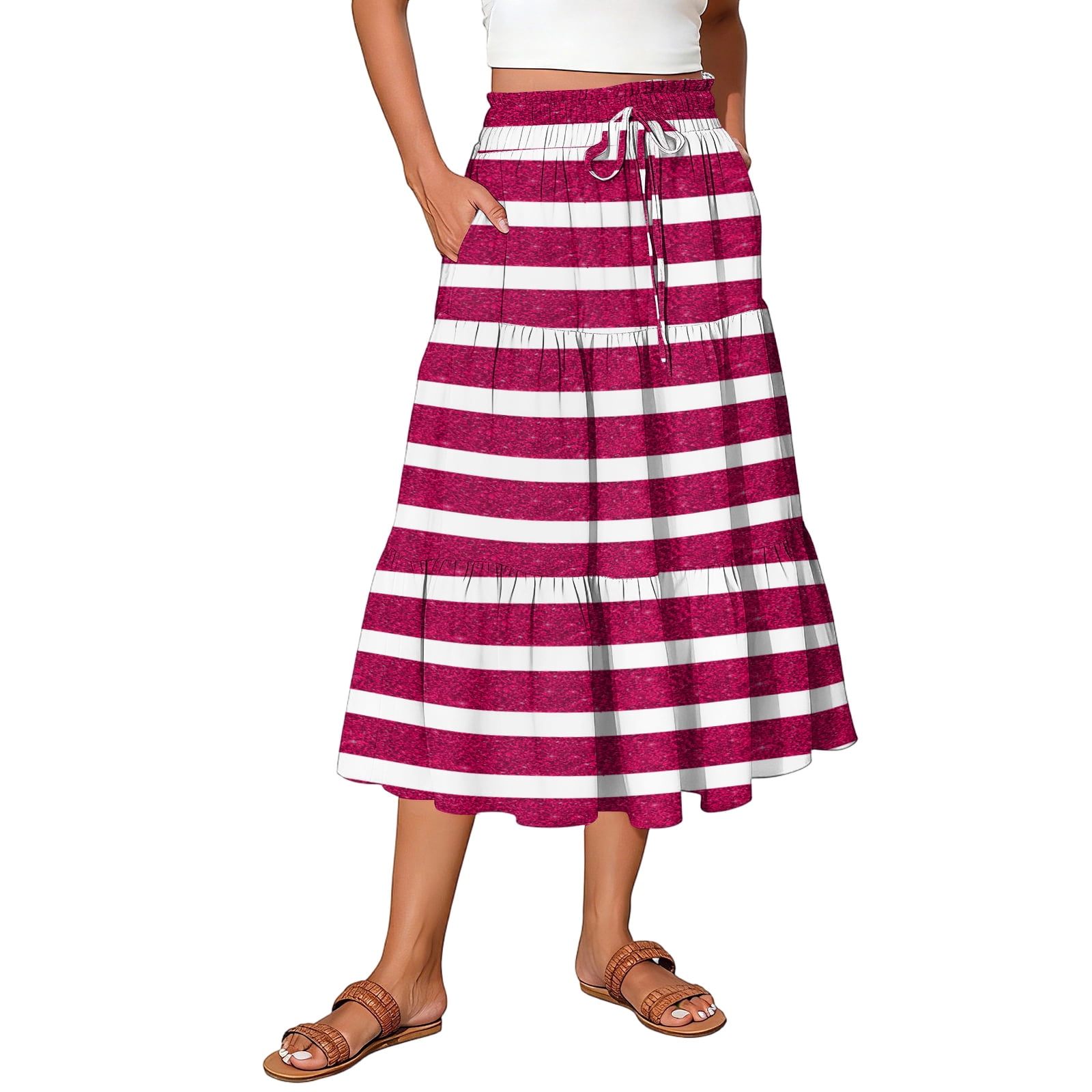 Cozyvia Women's Striped Skirt Full Length Checkered Boho Maxi Skirts ...