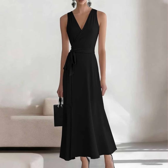 Cozyvia Women's Summer Dresses Solid Color V Neck Sleeveless Sundress ...