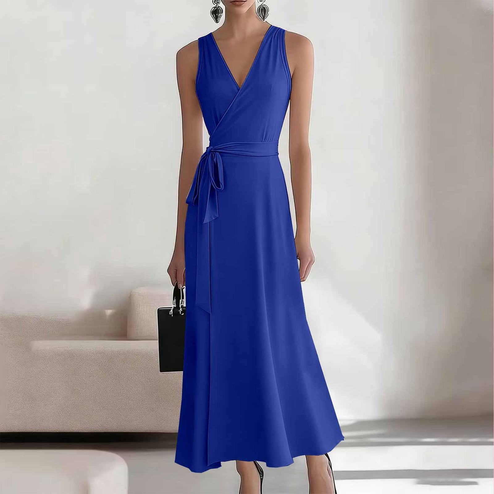 Cozyvia Women's Summer Dresses Solid Color V Neck Sleeveless Sundress ...
