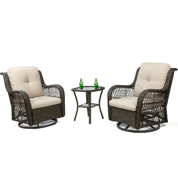 Cozywor 3-Piece Outdoor Brown Wicker Swivel Rocking Chairs Set Beige ...