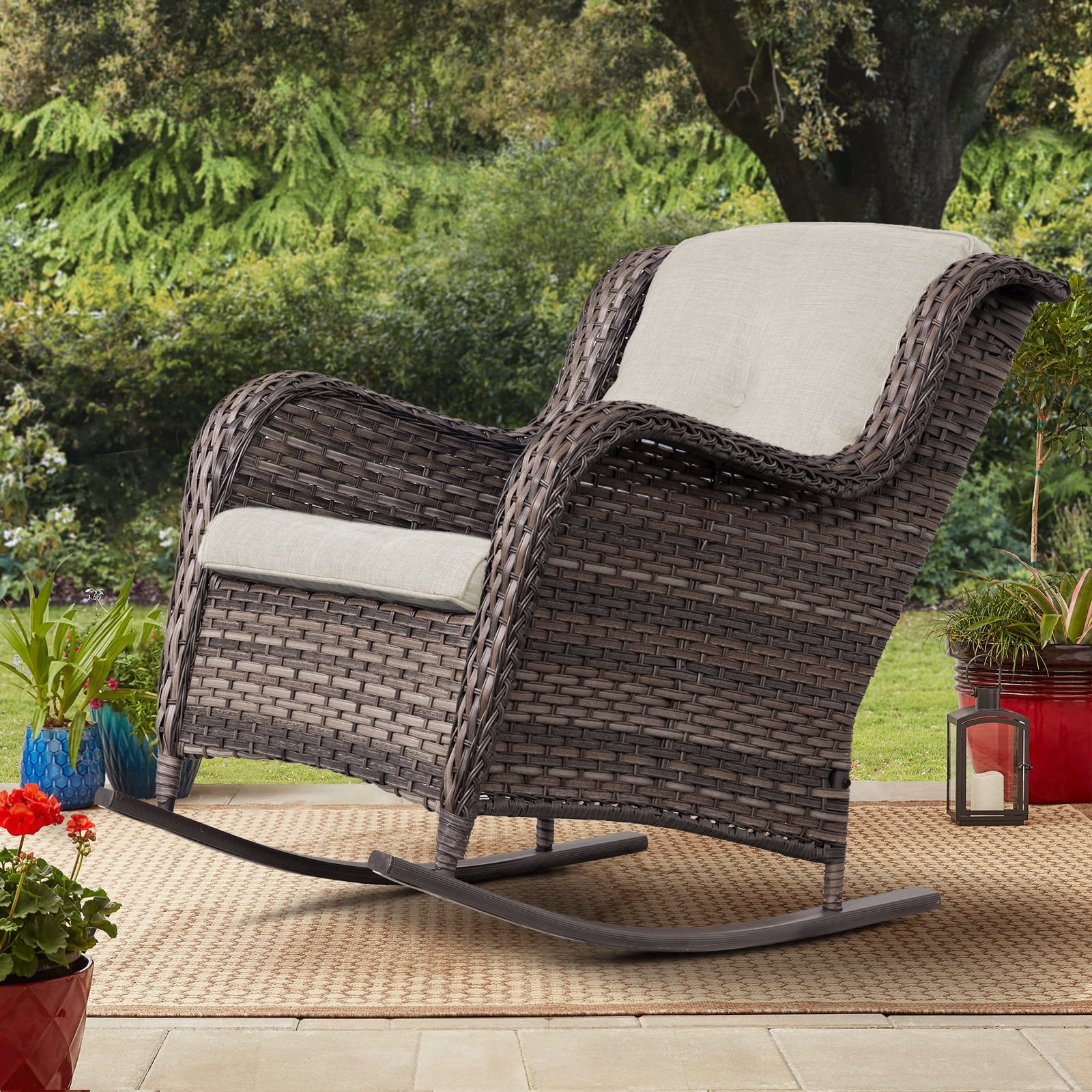 Cozywor Outdoor Wicker Rattan Swivel Rocking Chair Beige - Walmart.com