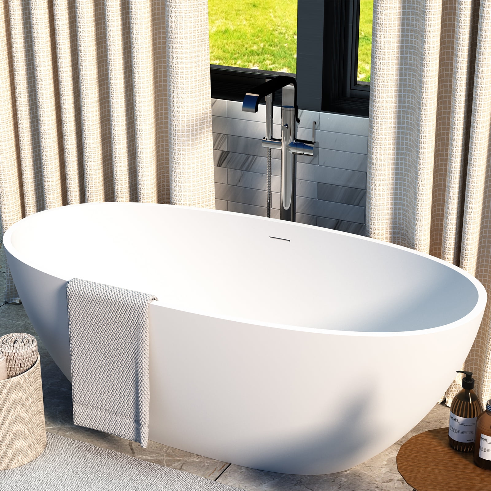 Cpingao 59" Freestanding Bathtub, Oval Shaped Stone Resin Freestanding ...