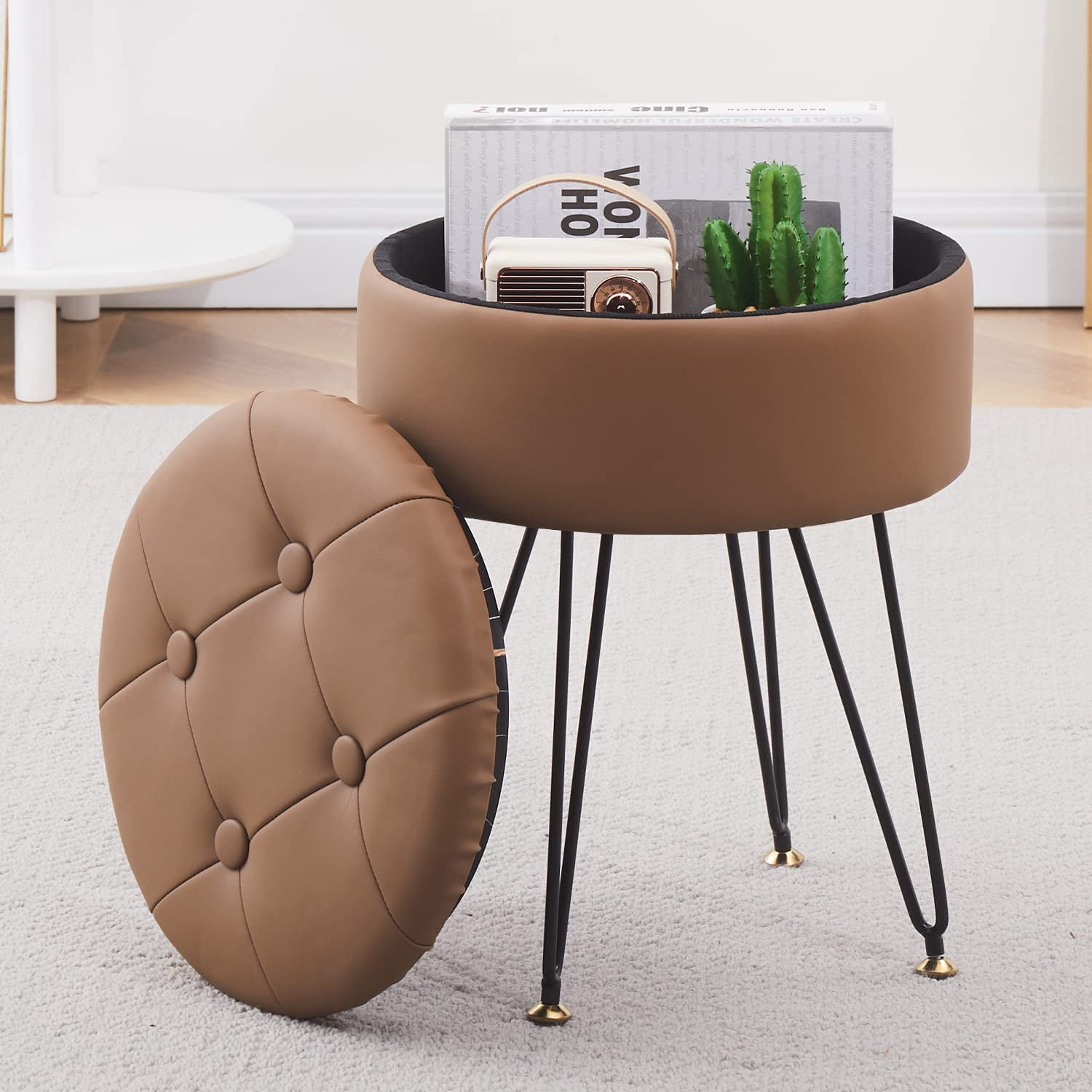 dxynlzq LTKIF Storage Ottoman Oil Wax Faux Leather Round Footrest Stool ...