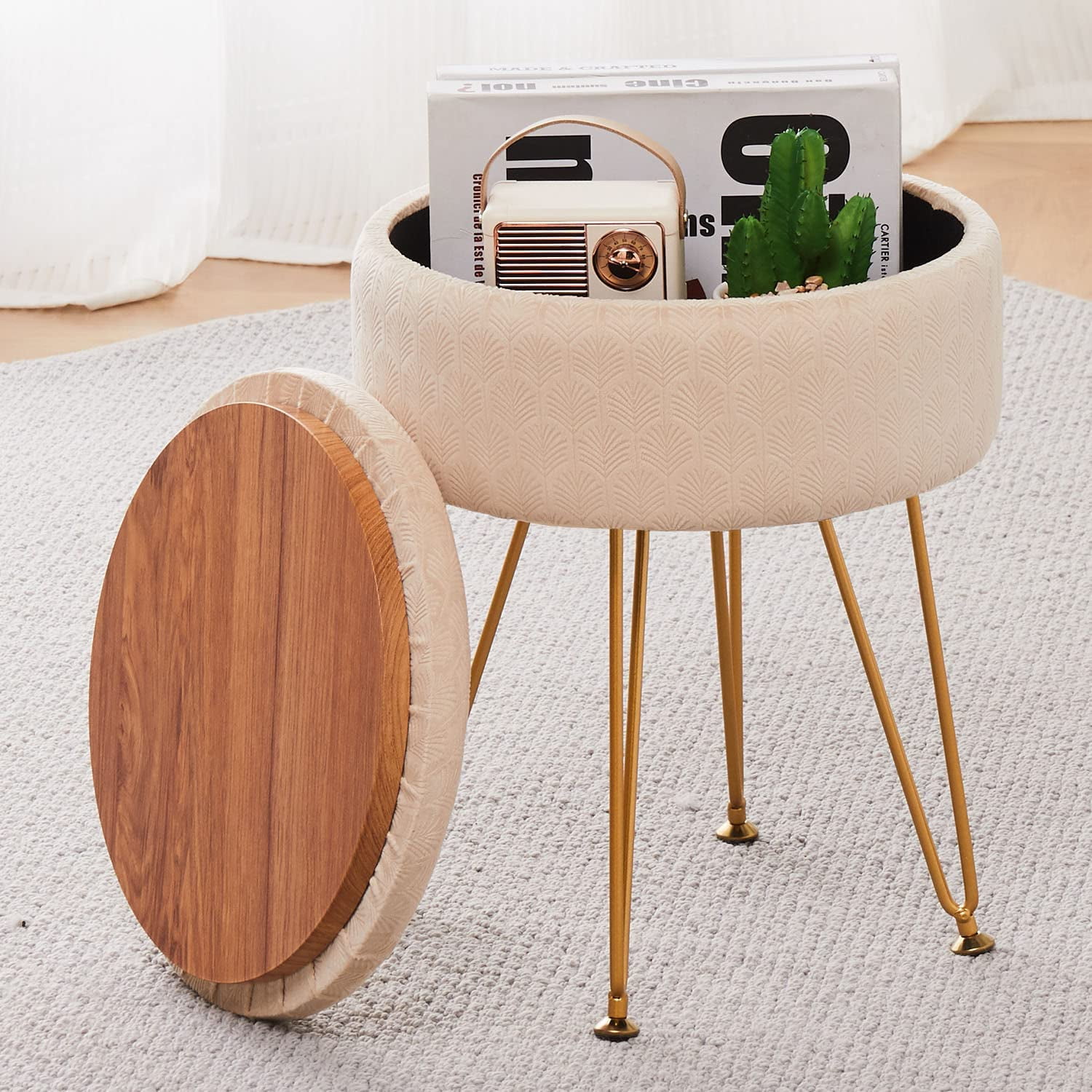 sdecl Velvet Storage Ottoman Round Footrest Stool Multifunctional ...
