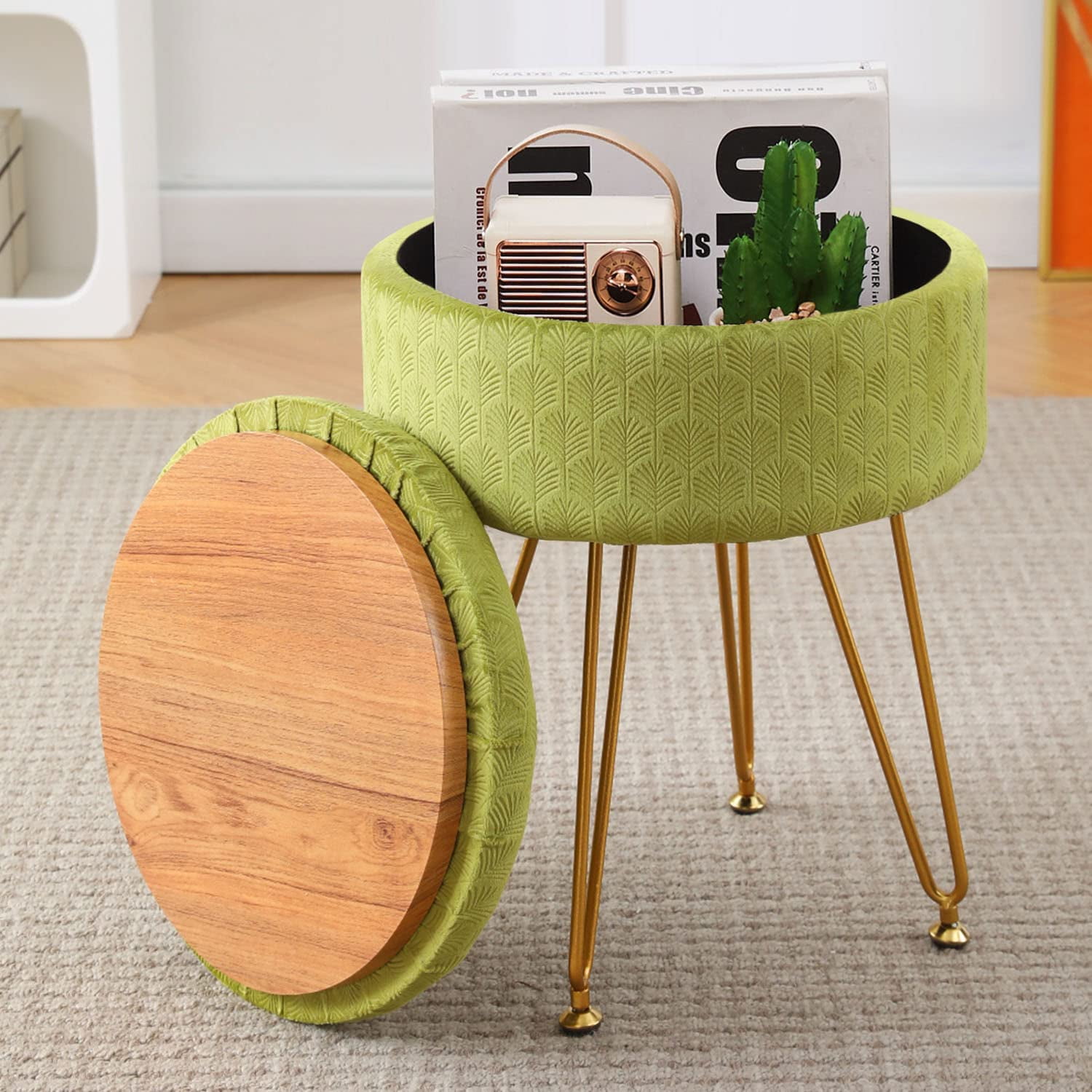 Cpintltr Velvet Storage Ottoman Round Footrest Stool Multifunctional ...