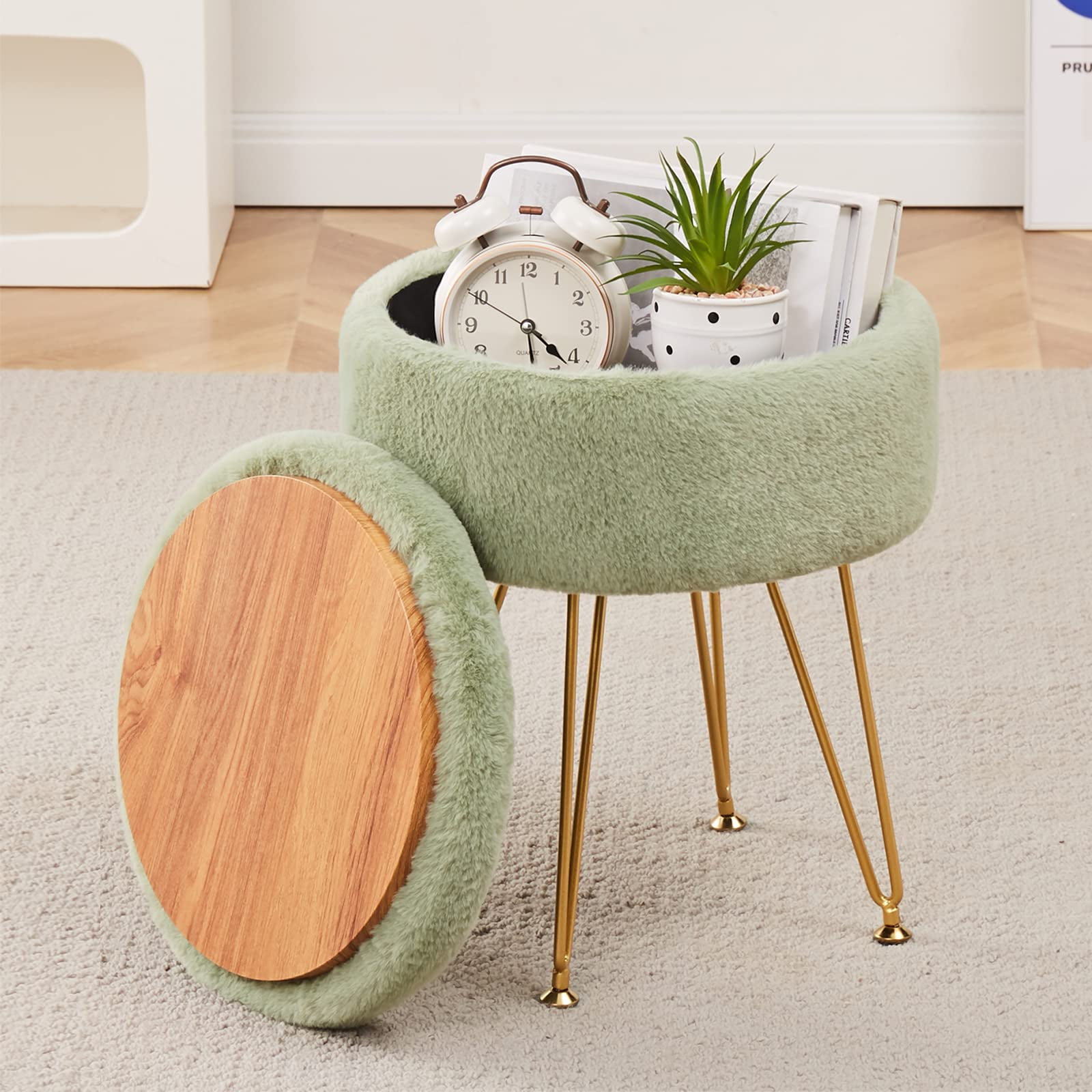 Cplxroc Footrest Footstools Round Faux Fur Ottoman with Storage Space ...