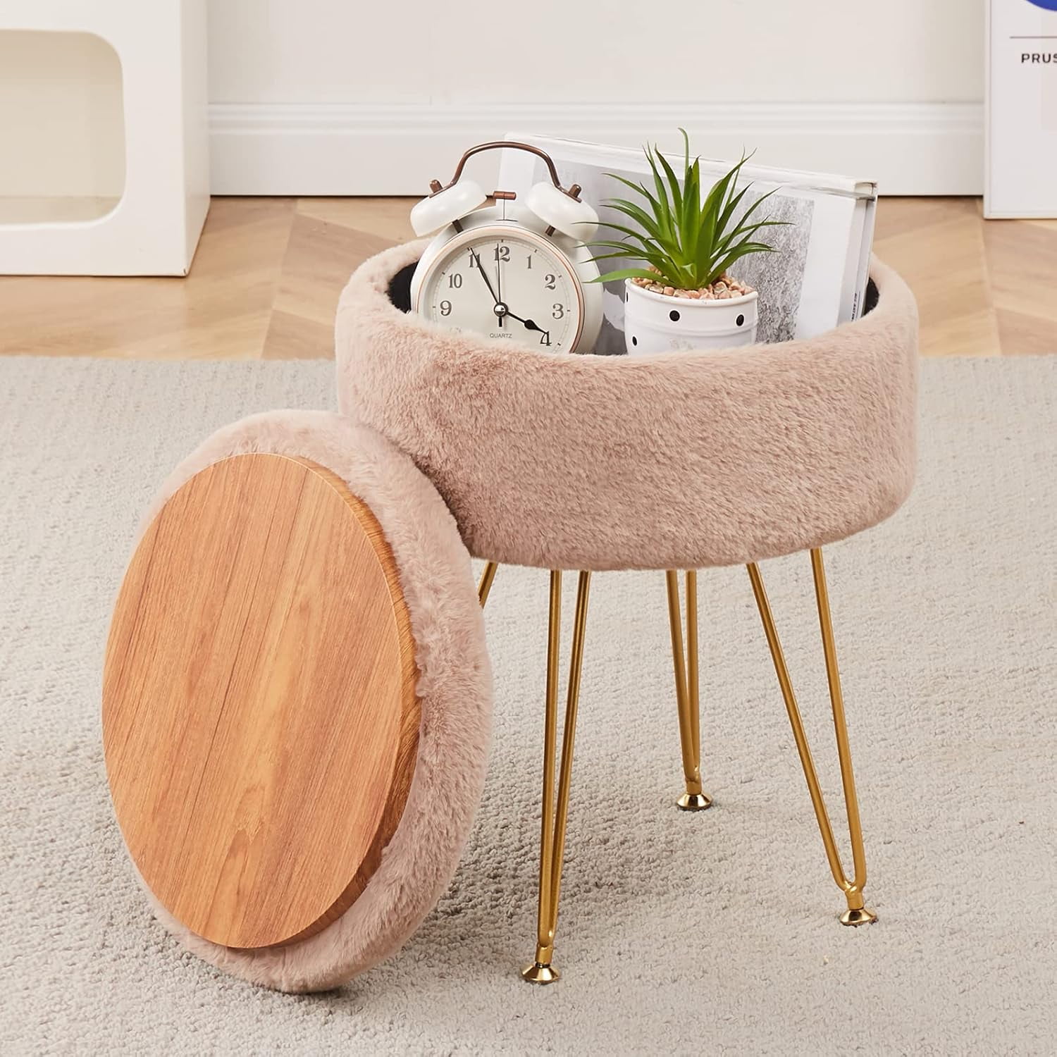 Cplxroc Footrest Footstools Round Faux Fur Ottoman with Storage Space ...