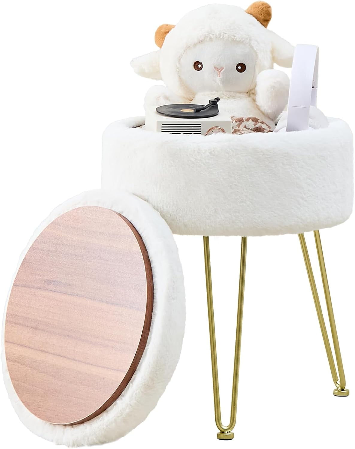 Cplxroc Ottomans Round Faux Fur Ottoman with Storage Footstools Vanity ...