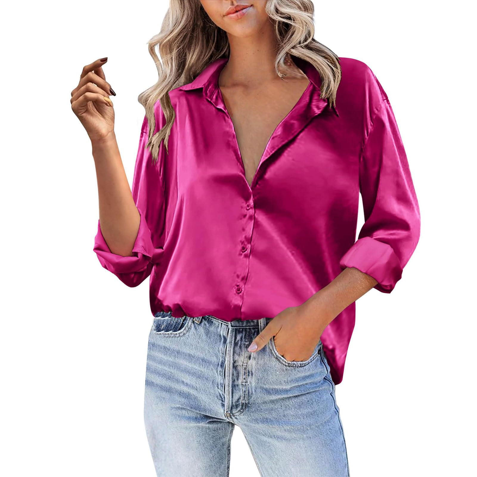 Cqxid525 Womens Tank Tops Women Satin Button Down Shirt Casual Long ...