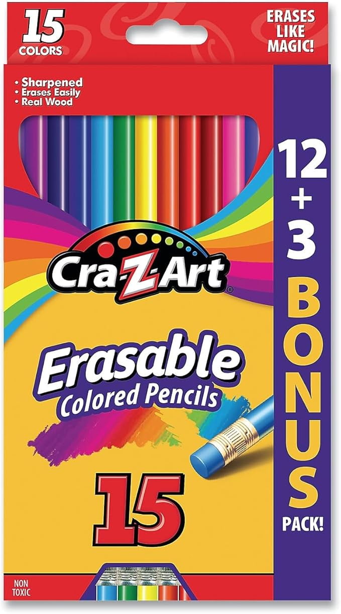 Cra-Z-Art Erasable Colored Pencils, 15 Assorted Lead/Barrel Colors, 15 ...