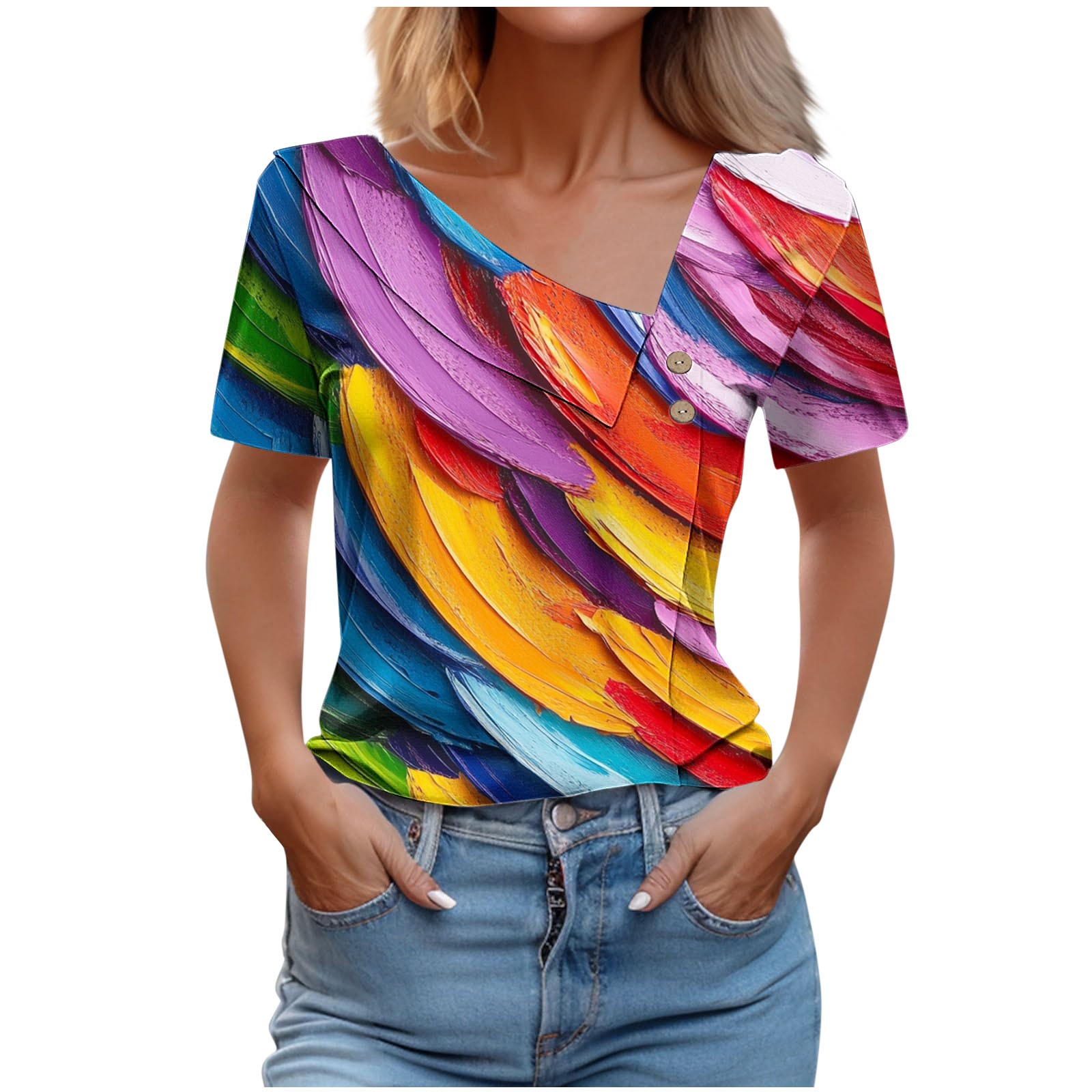 Craaazy 2025 Summer Tops for Women Buttons V Neck Blouses Dressy Casual ...