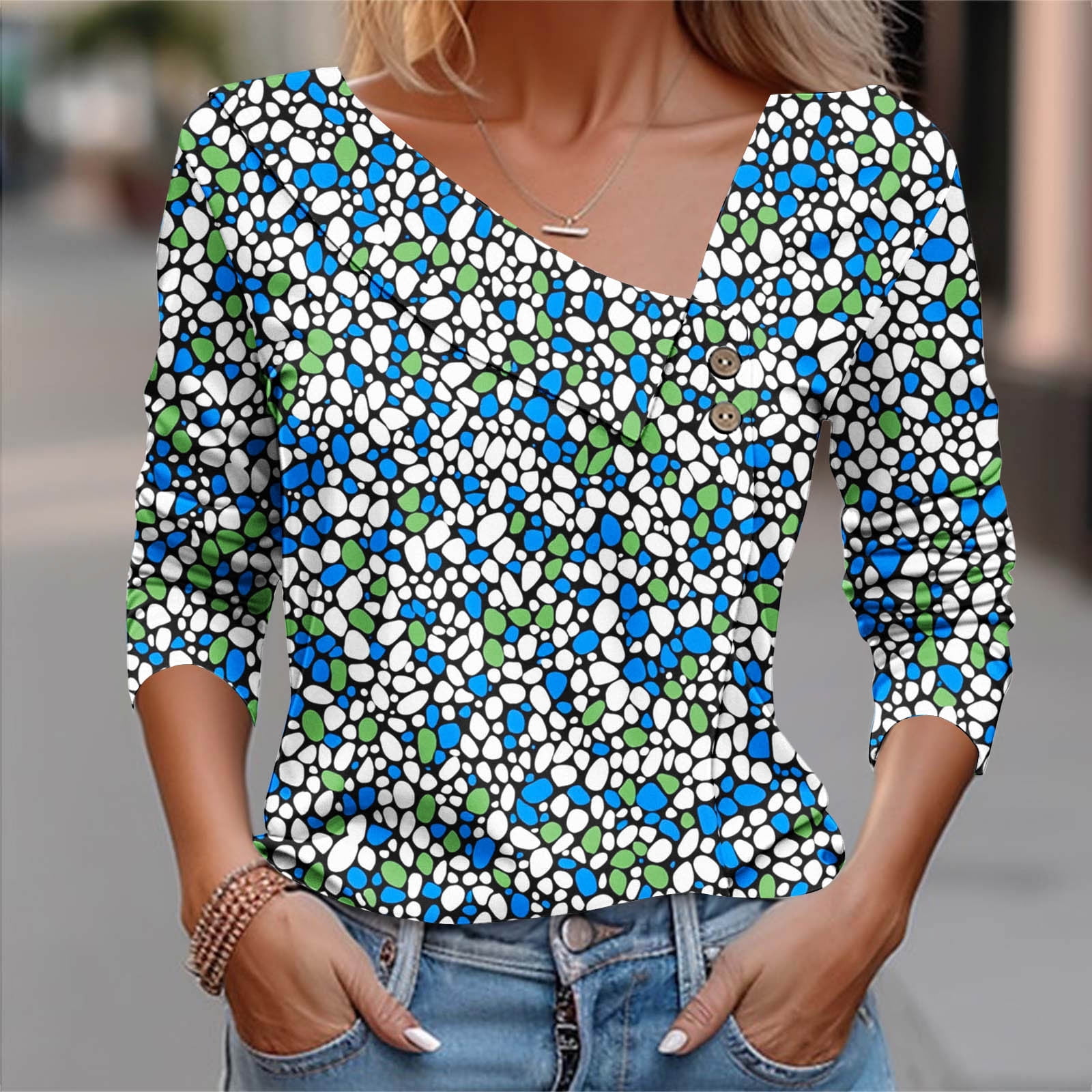 Craaazy 3/4 Sleeve Blouses for Women Loose Fit Floral Print Asymmetric ...