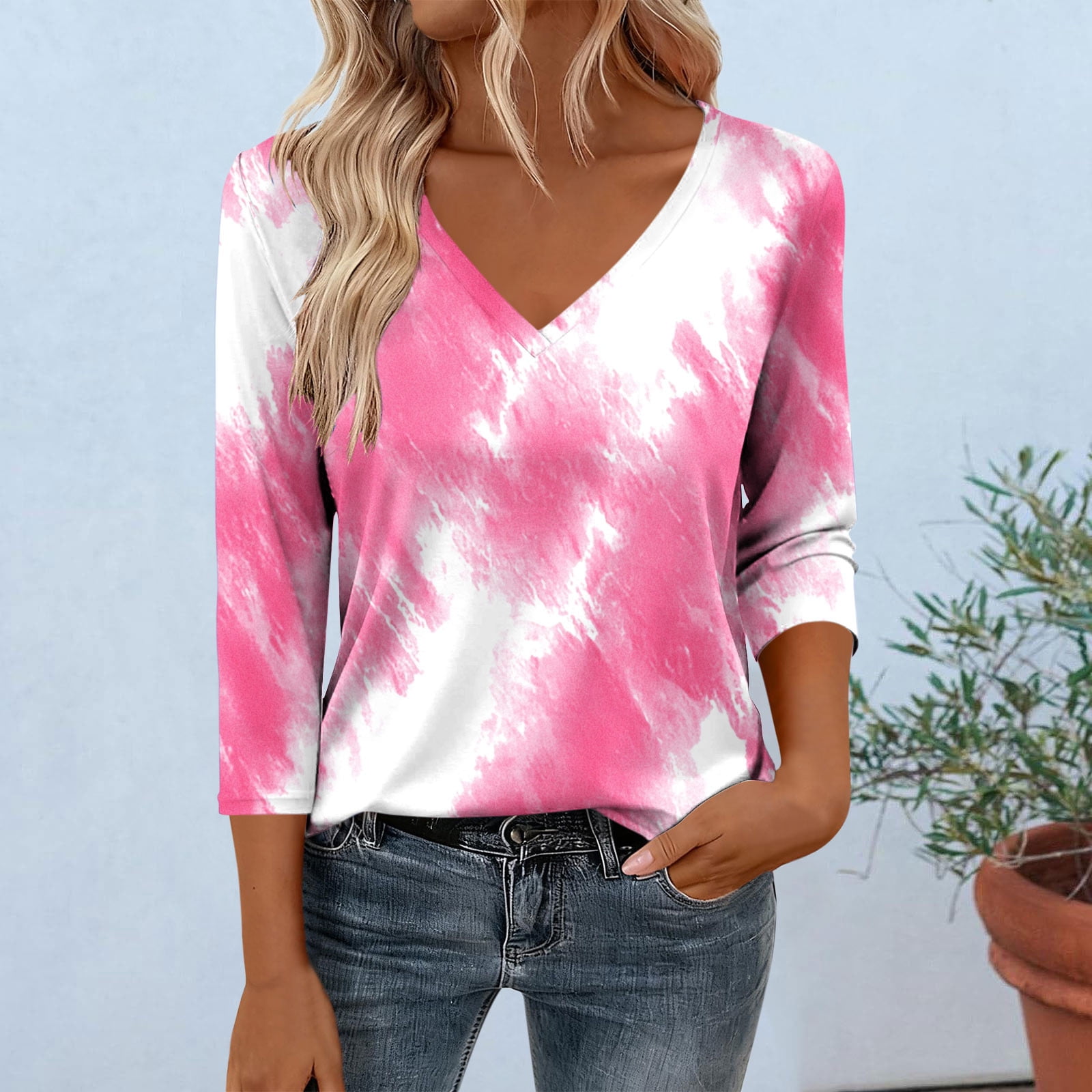 Craaazy 3/4 Sleeve Tops for Women V Neck Loose Summer Work Clothes ...