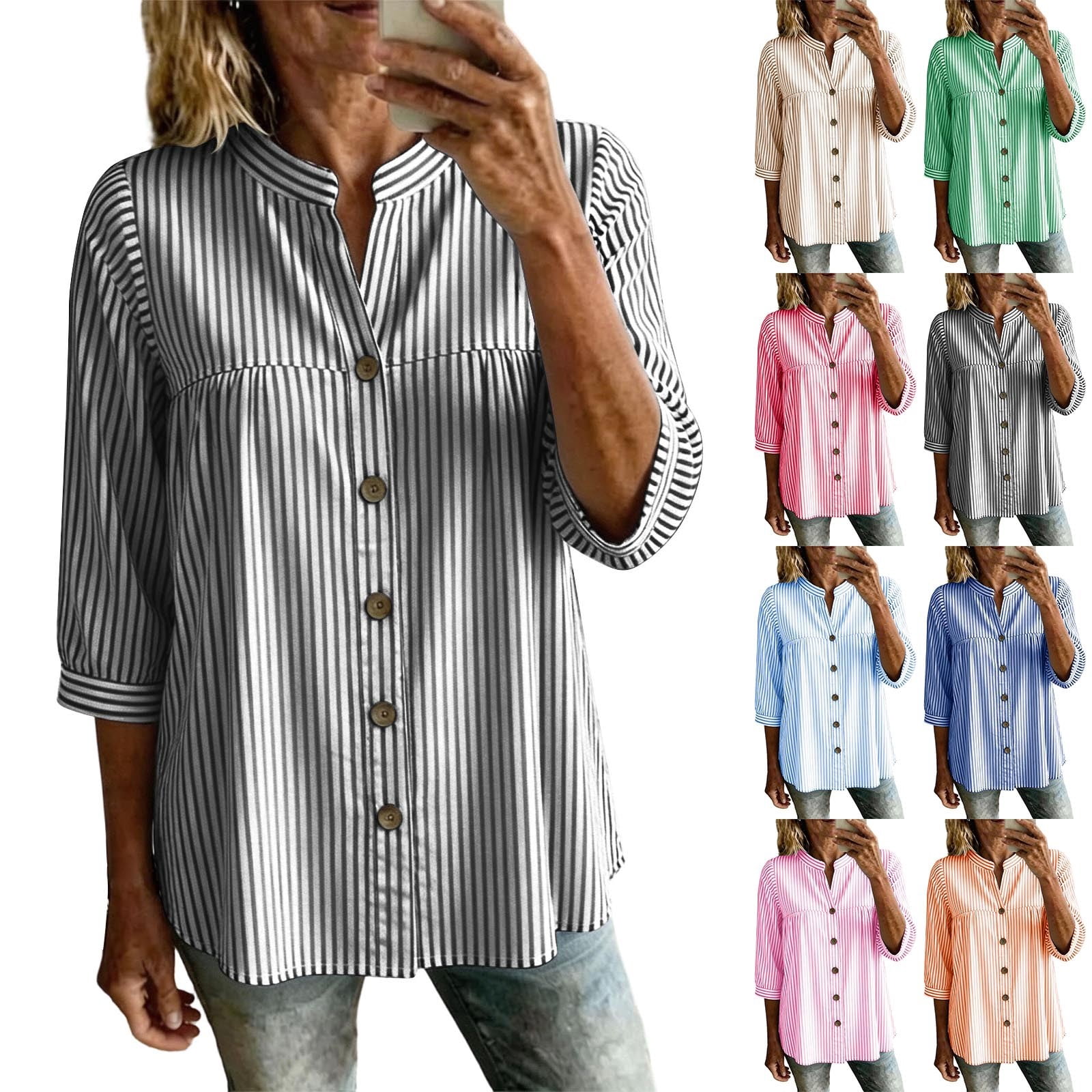 Craaazy Button Down Shirts for Women Loose Fit Stripe Color Stand ...