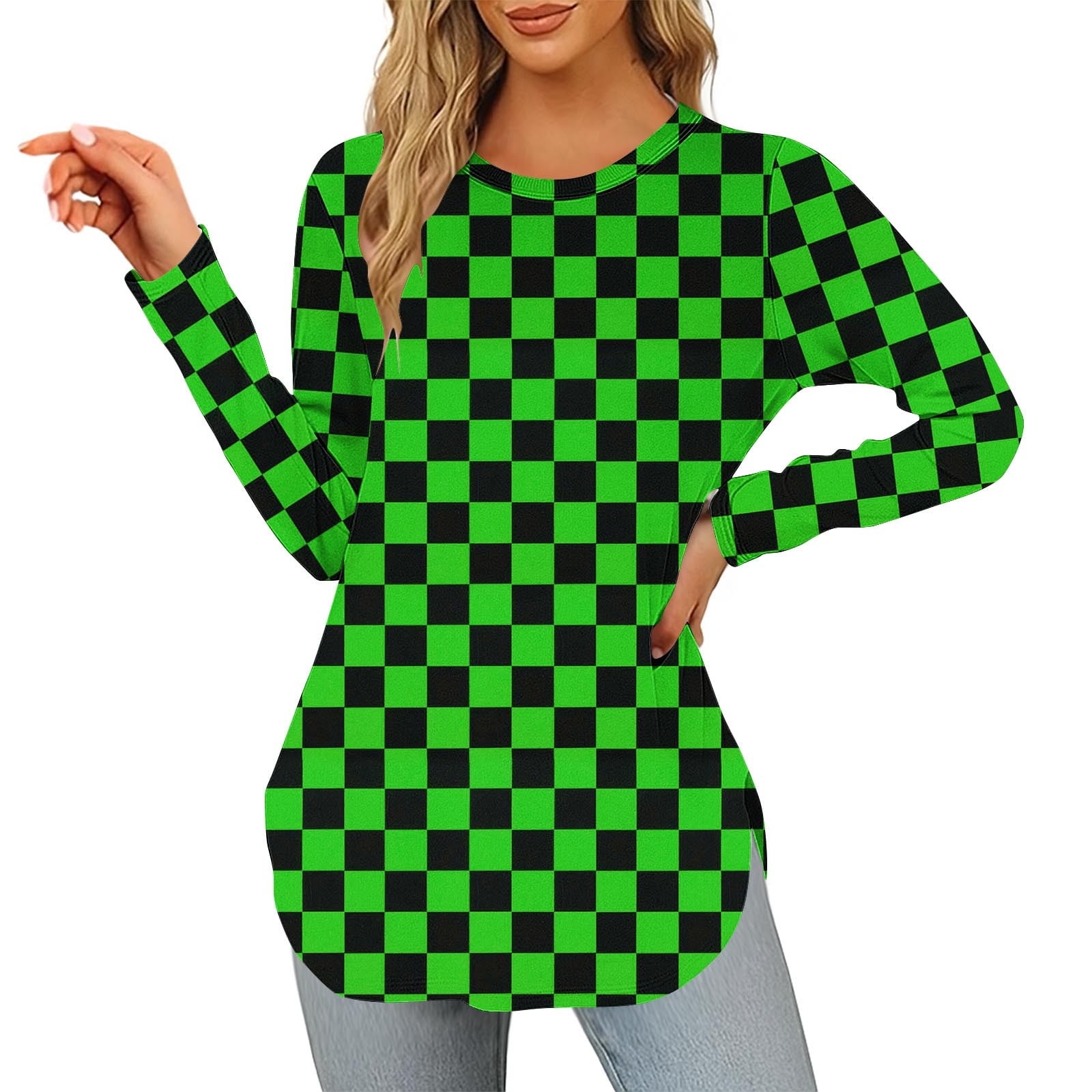 Craaazy Checkerboard Long Sleeve Tops Gifts For Women Loose Crew Neck ...