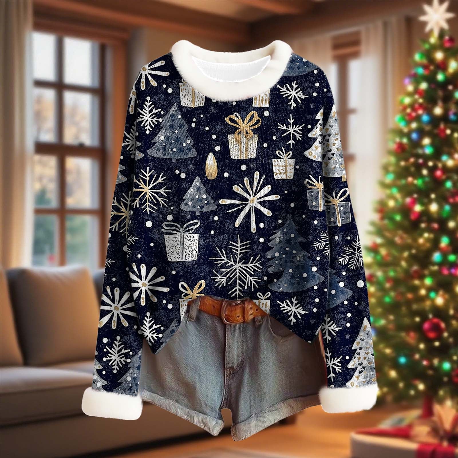 Craaazy Christmas Sweaters for Women Santa Printed Furry Crew Neck ...