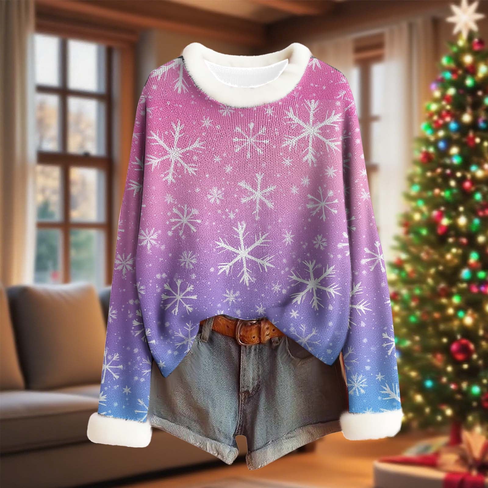 Craaazy Christmas Sweaters for Women Santa Printed Furry Crew Neck ...