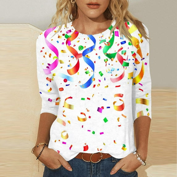 Craaazy Fashion Mardi Gras Women's Casual Printed Round Neck 3/4 Sleeve ...