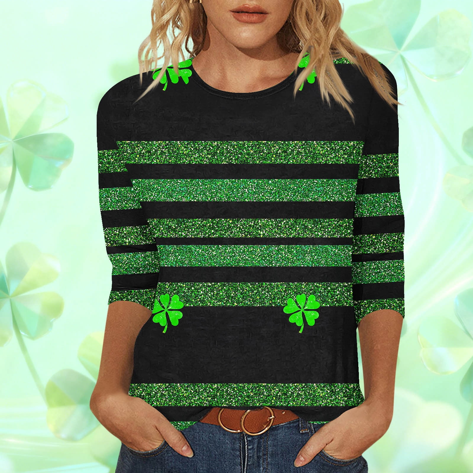 Craaazy Fashion Women's Casual Shamrock Printed Round Neck 3/4 Sleeve ...