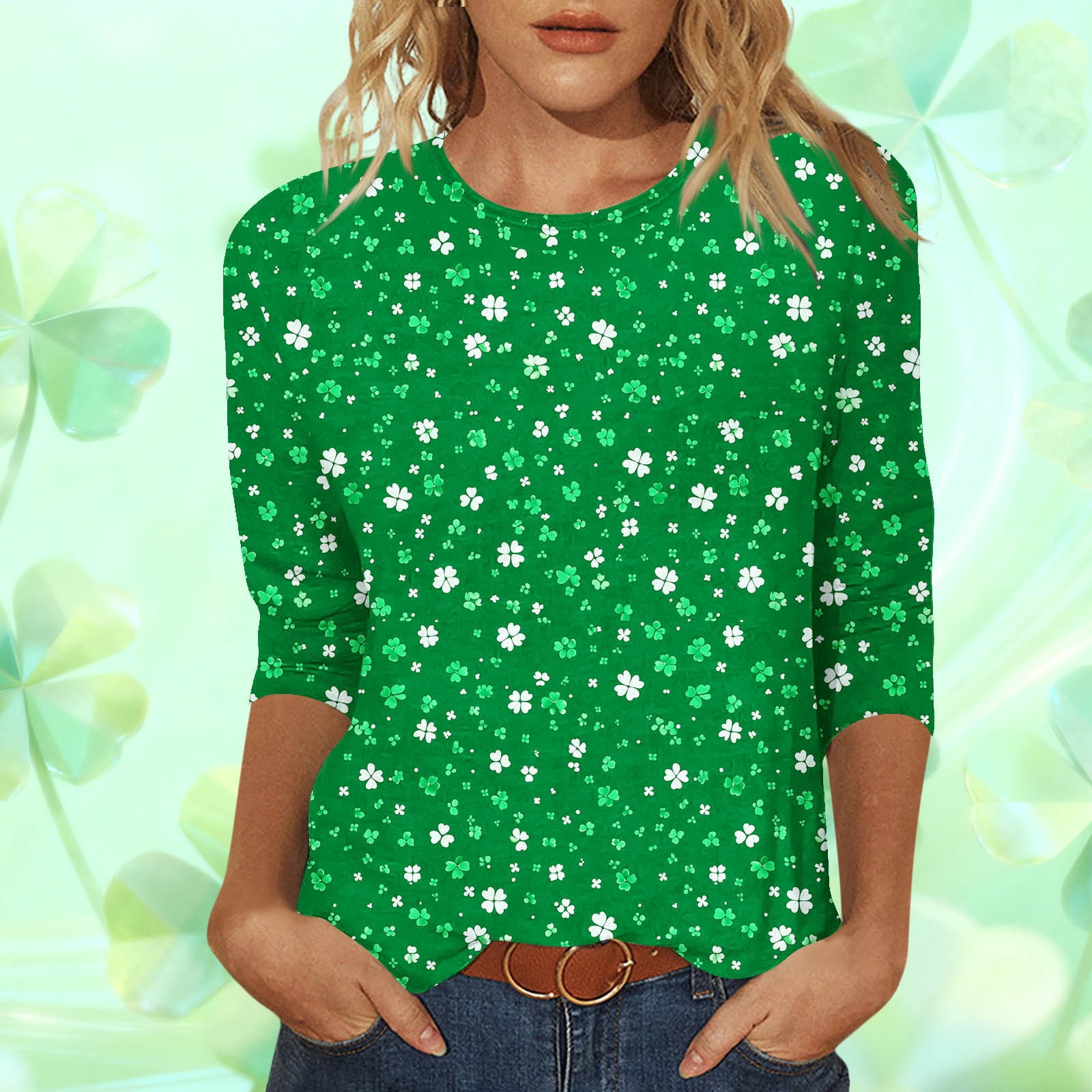 Craaazy Fashion Women's Casual Shamrock Printed Round Neck 3/4 Sleeve ...