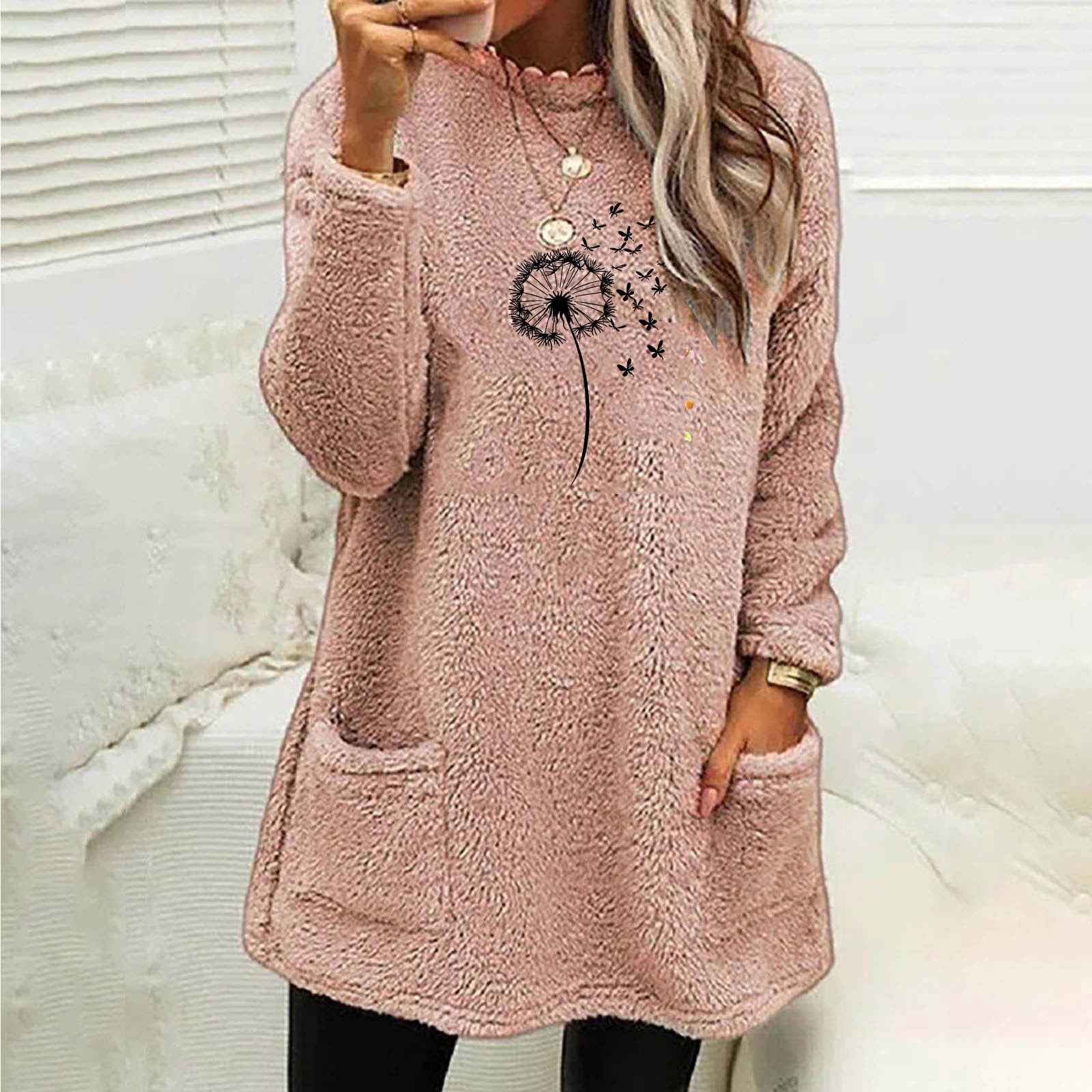 Craaazy Fleece Sweaters for Women Long Sleeve Crewneck Casual Blouses ...
