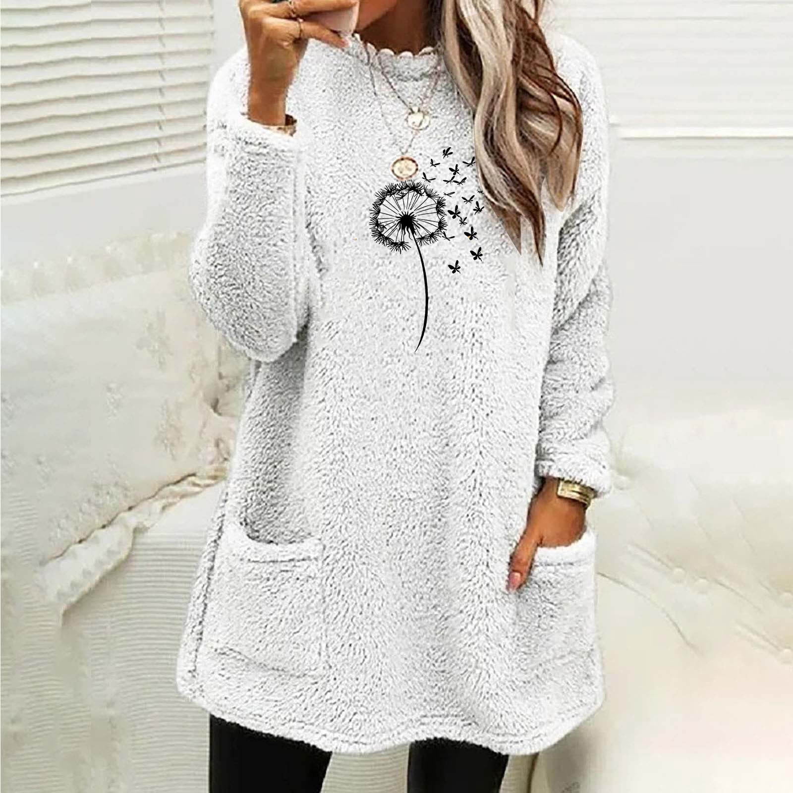 Craaazy Fleece Sweaters for Women Long Sleeve Crewneck Casual Blouses ...