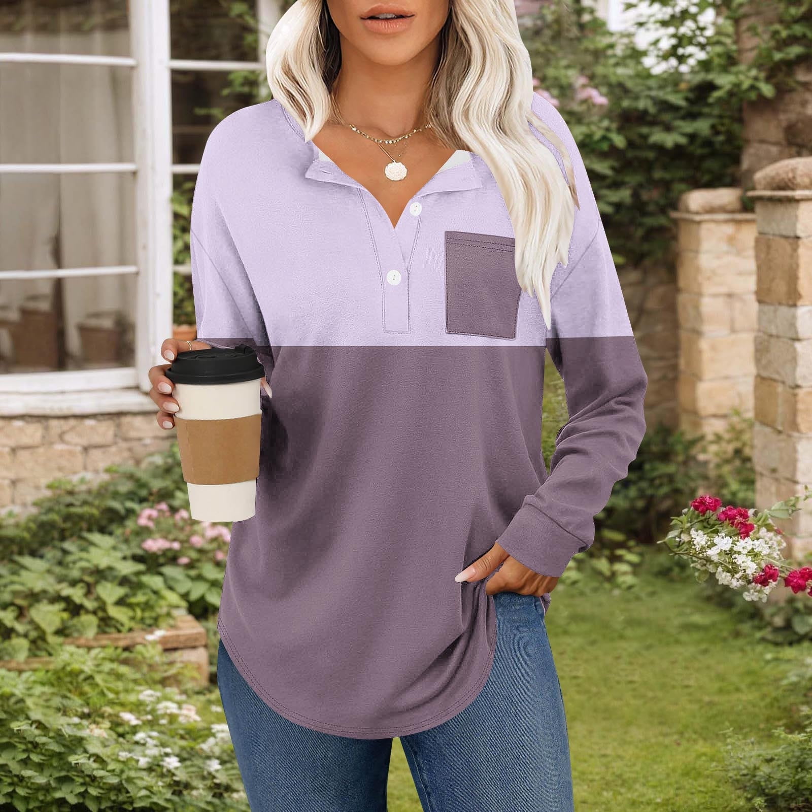 Craaazy Long Sleeve Shirts For Women Color Blocking Printing Blouses ...