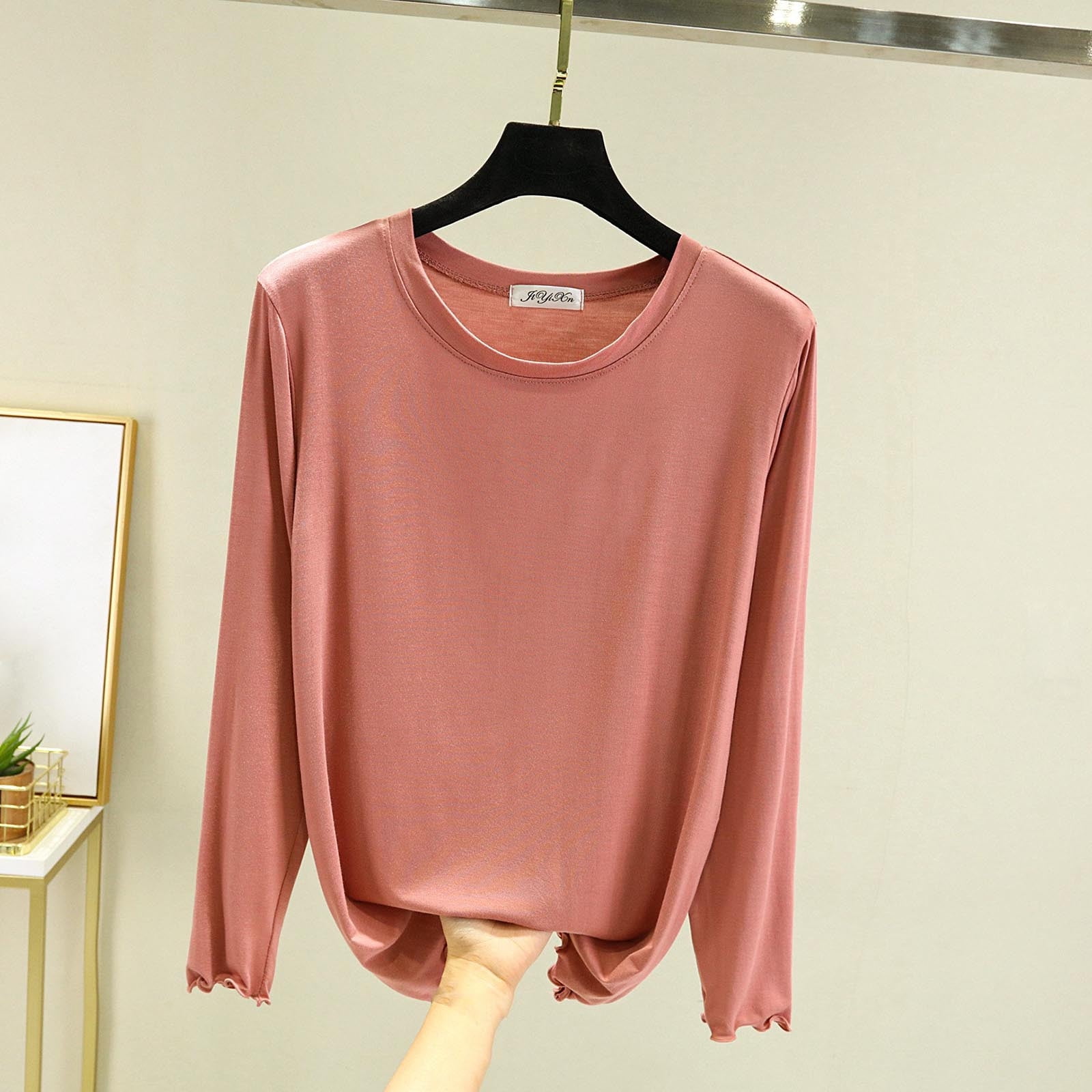 Craaazy Long Sleeve Shirts For Women Round-neck Undershirt Solid Color ...