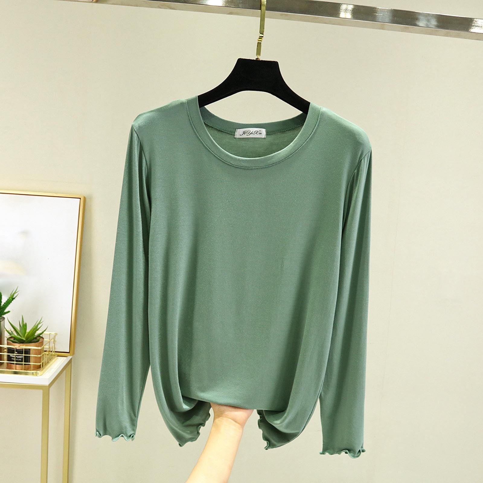 Craaazy Long Sleeve Shirts For Women Round-neck Undershirt Solid Color ...
