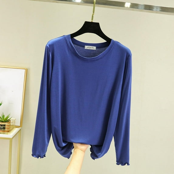 Craaazy Long Sleeve Shirts For Women Round-neck Undershirt Solid Color ...