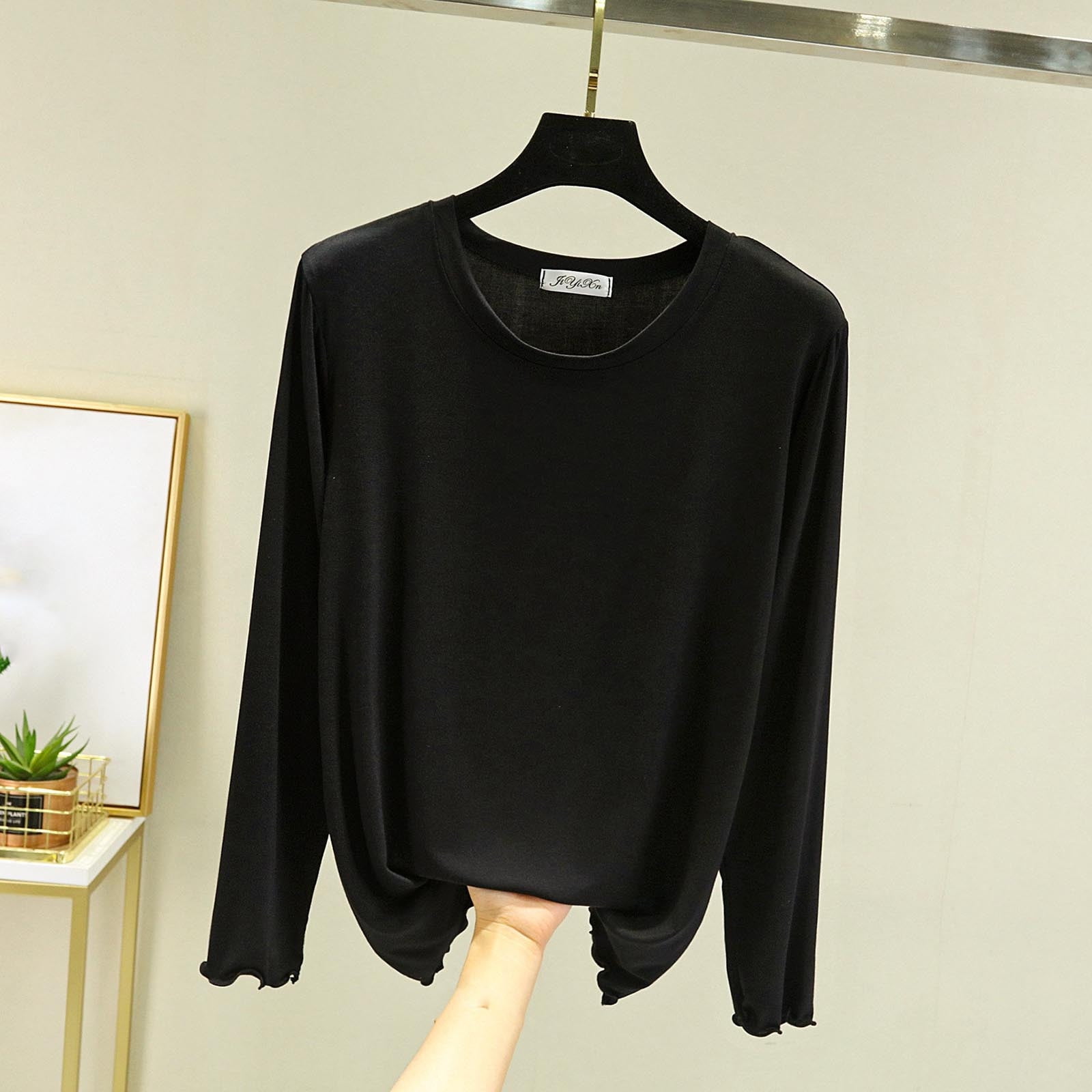 Craaazy Long Sleeve Shirts For Women Round-neck Undershirt Solid Color ...