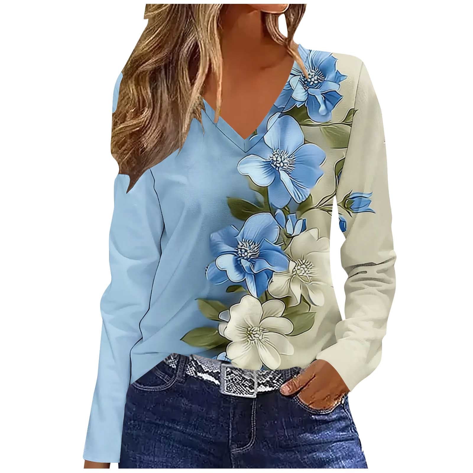 Craaazy Long Sleeve Shirts for Women V Neck Fall Tops Vintage Floral ...