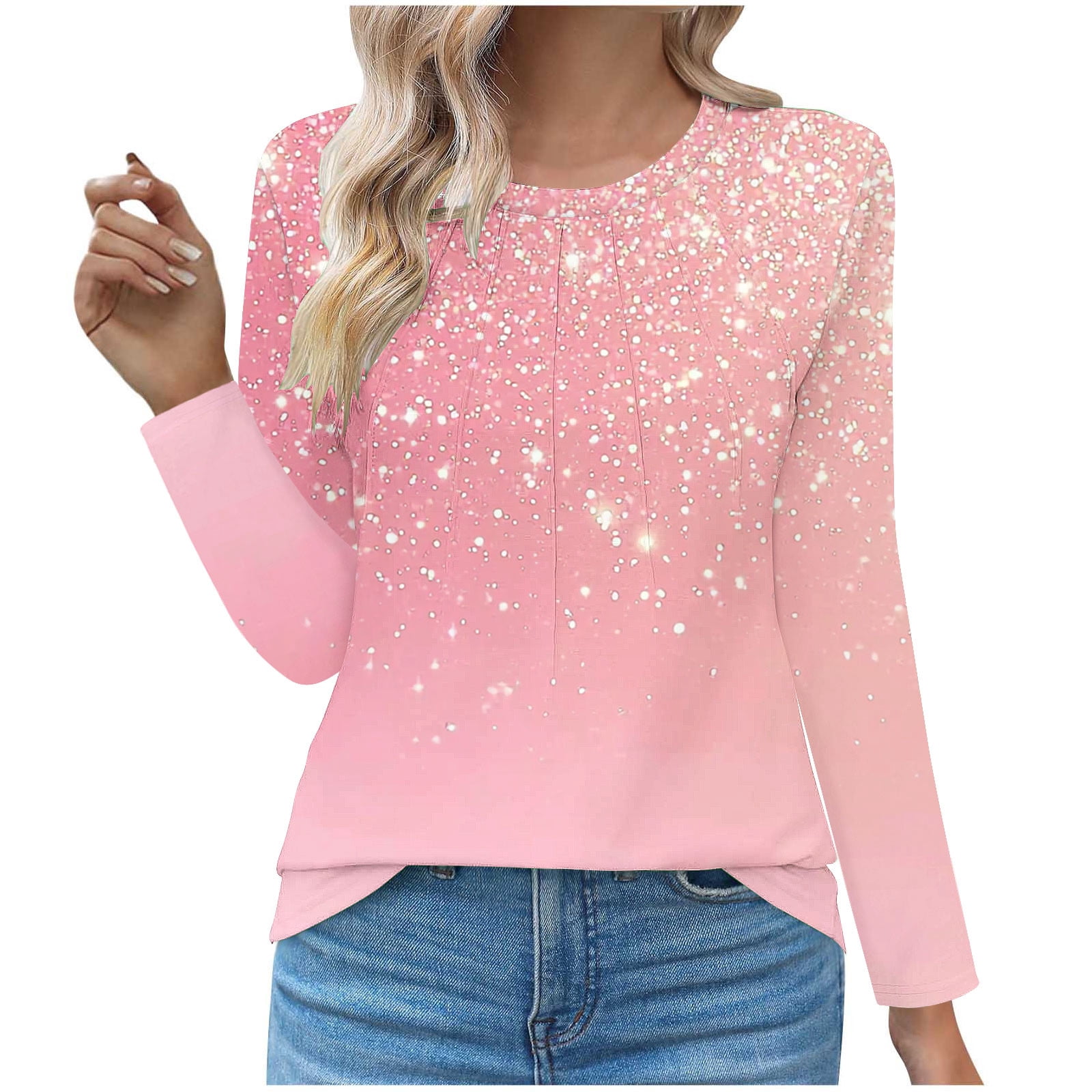 Craaazy Long Sleeve Tops for Gifts Women Round Neck Printed Pleated ...