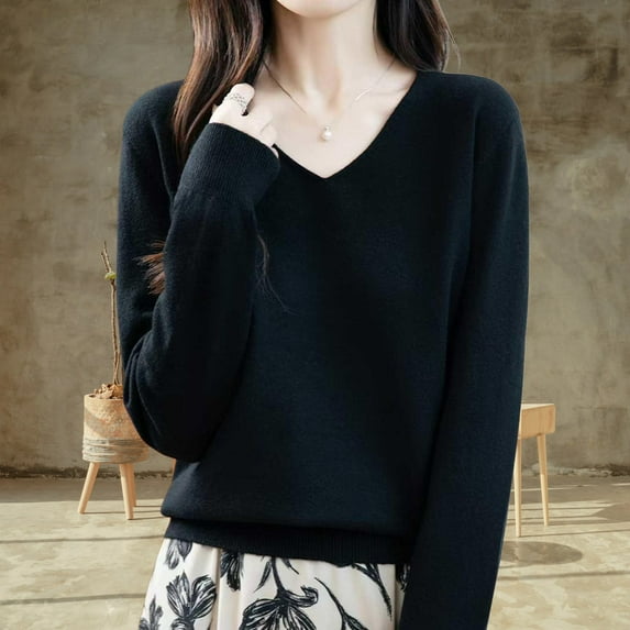 Craaazy Long Sleeve Tops for Women Casual V Neck Solid Color Loose ...