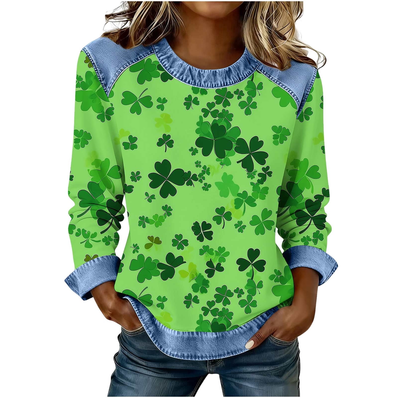 Craaazy Loose Fit Women's Green Spirit Prints Denim Patchwork St ...