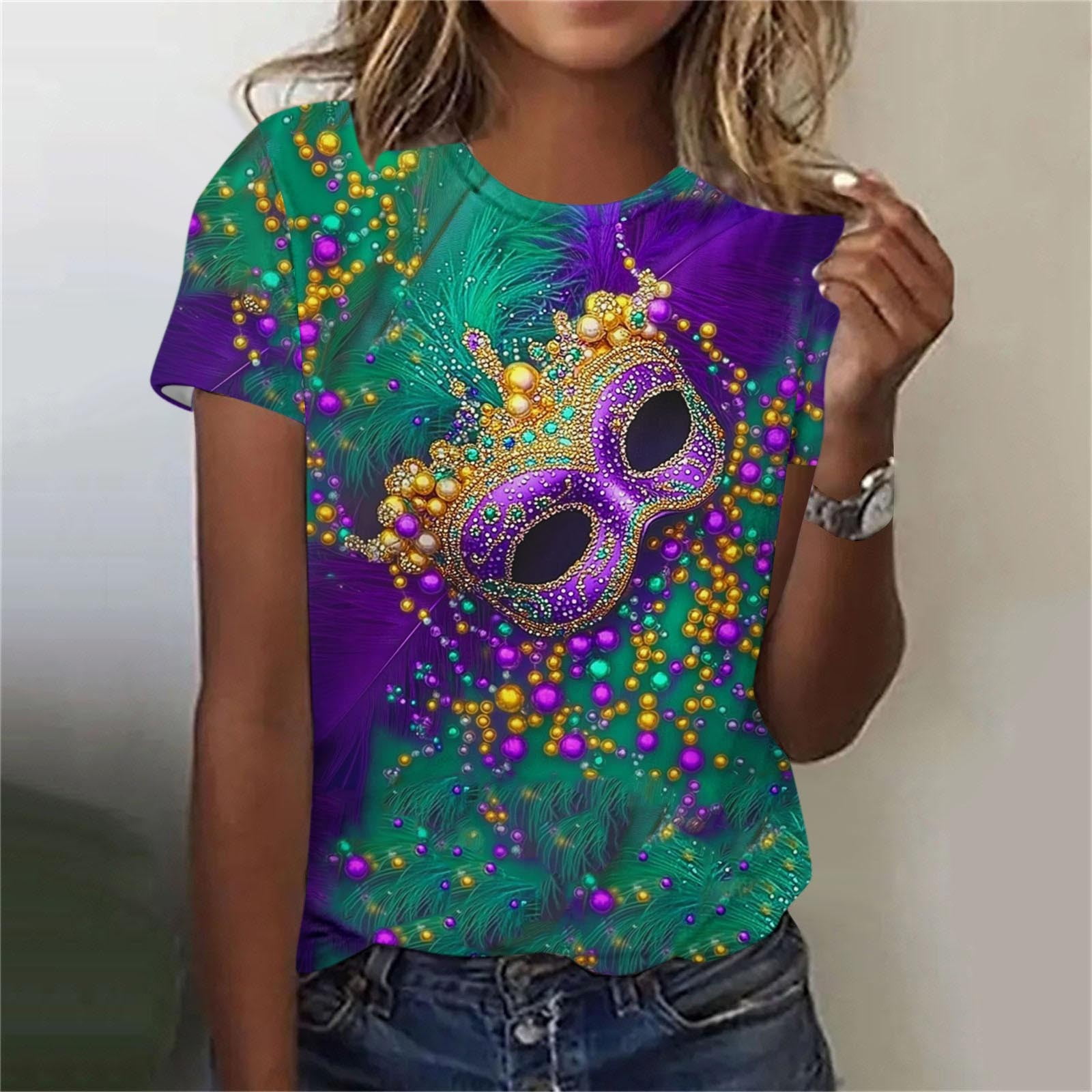 Craaazy Mardi Gras Shirts for Women Short Sleeve Carnival Fancy Mask ...
