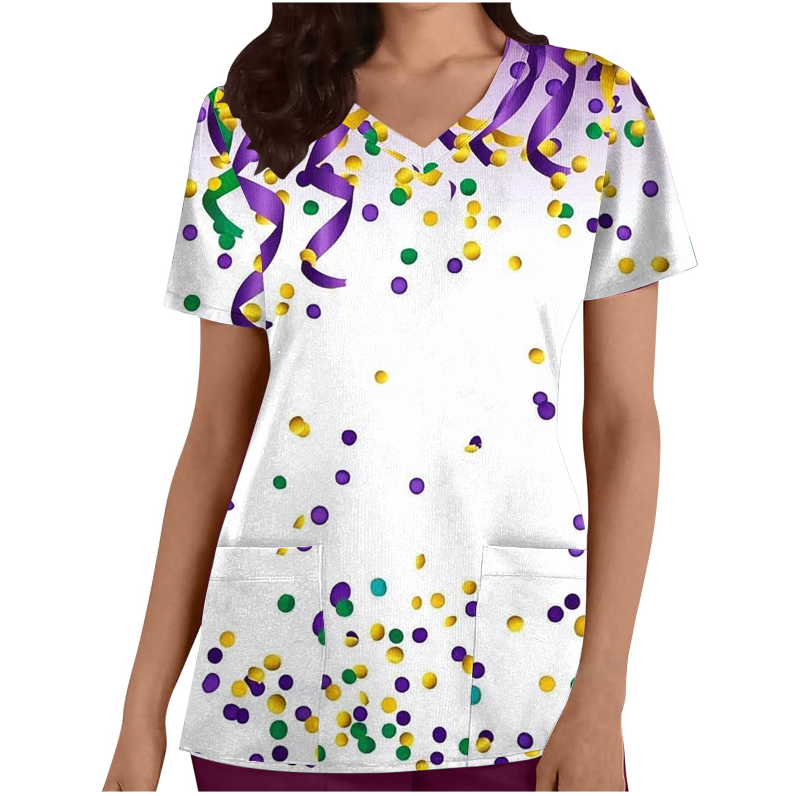 Craaazy Mardi Gras Short Sleeve Tops for Women V-Neck Carnival Prints ...