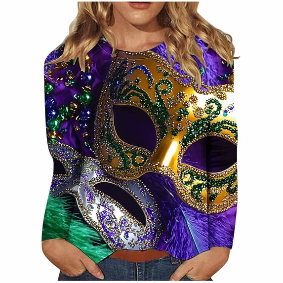 Craaazy Mardi Gras Tops for Women Fashion Carnival Print Round Neck ...