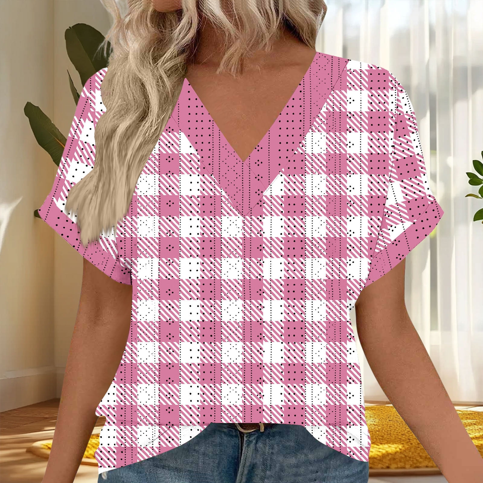 Craaazy Plaid Print Women's Blouse Featuring V-Neckline and Floral ...